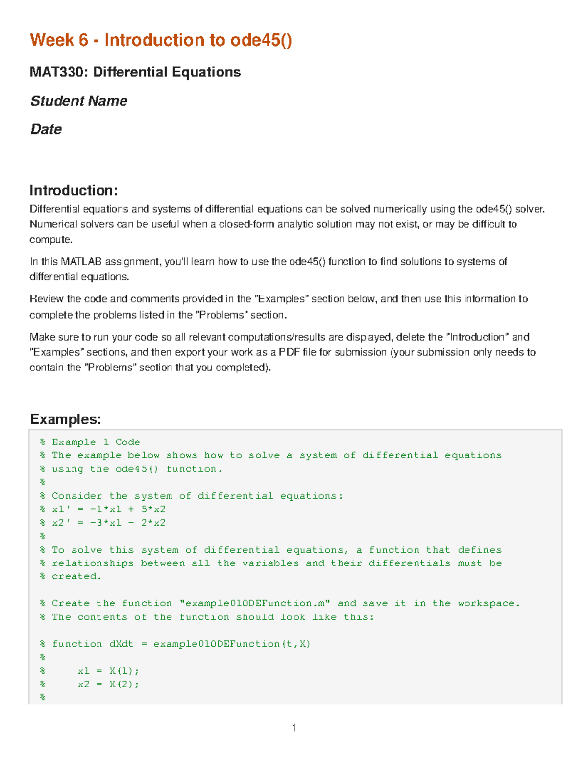 MAT330 Module Six Template - Week 6 - Introduction to ode45() MAT330 ...