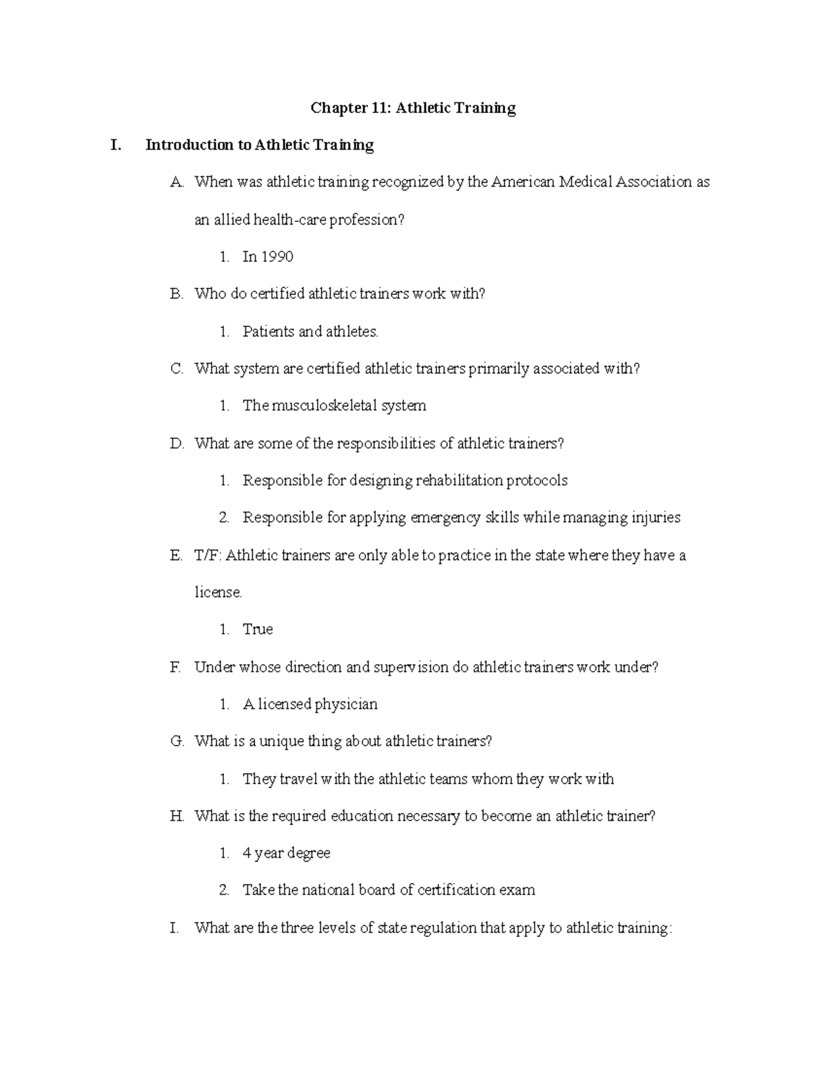 HLS 1000 Introduction To Healthcare Chapter 11 Athletic Training ...