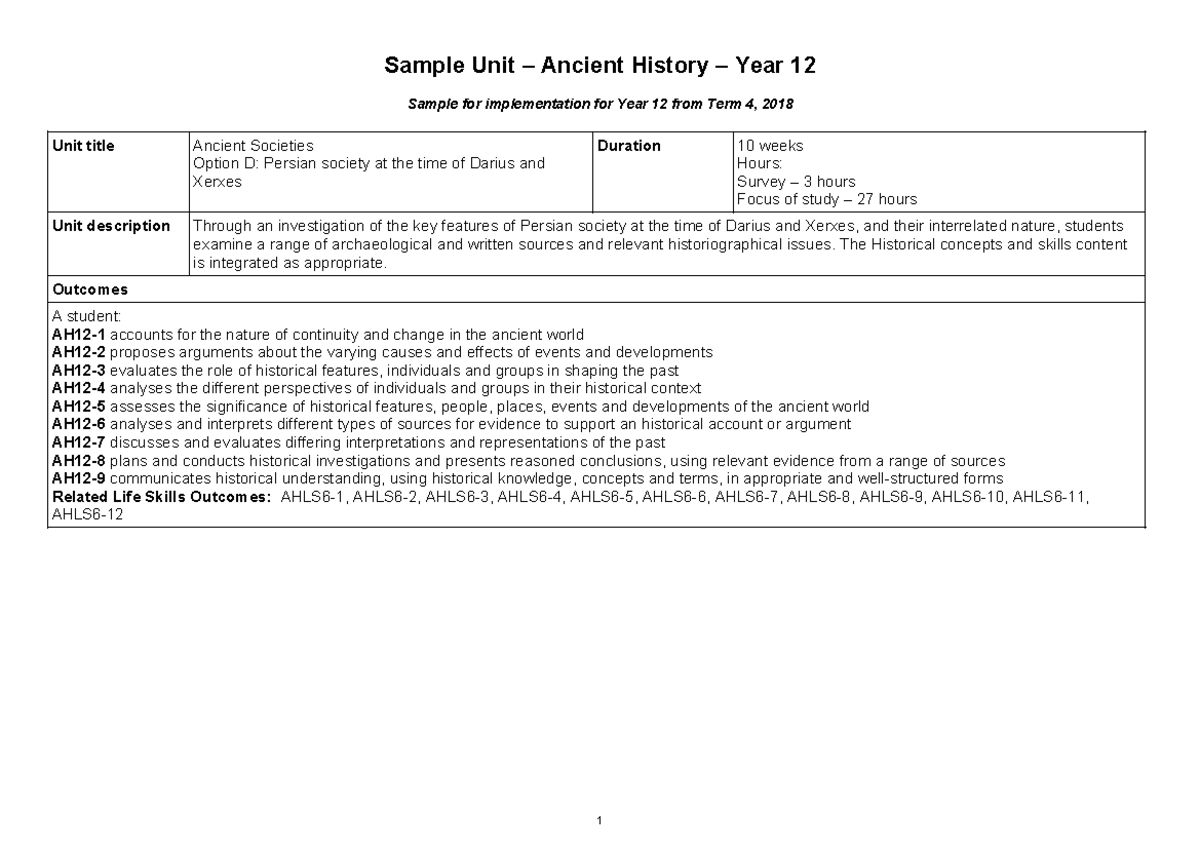 Ancient history year 12 sample unit persian society at the time of ...