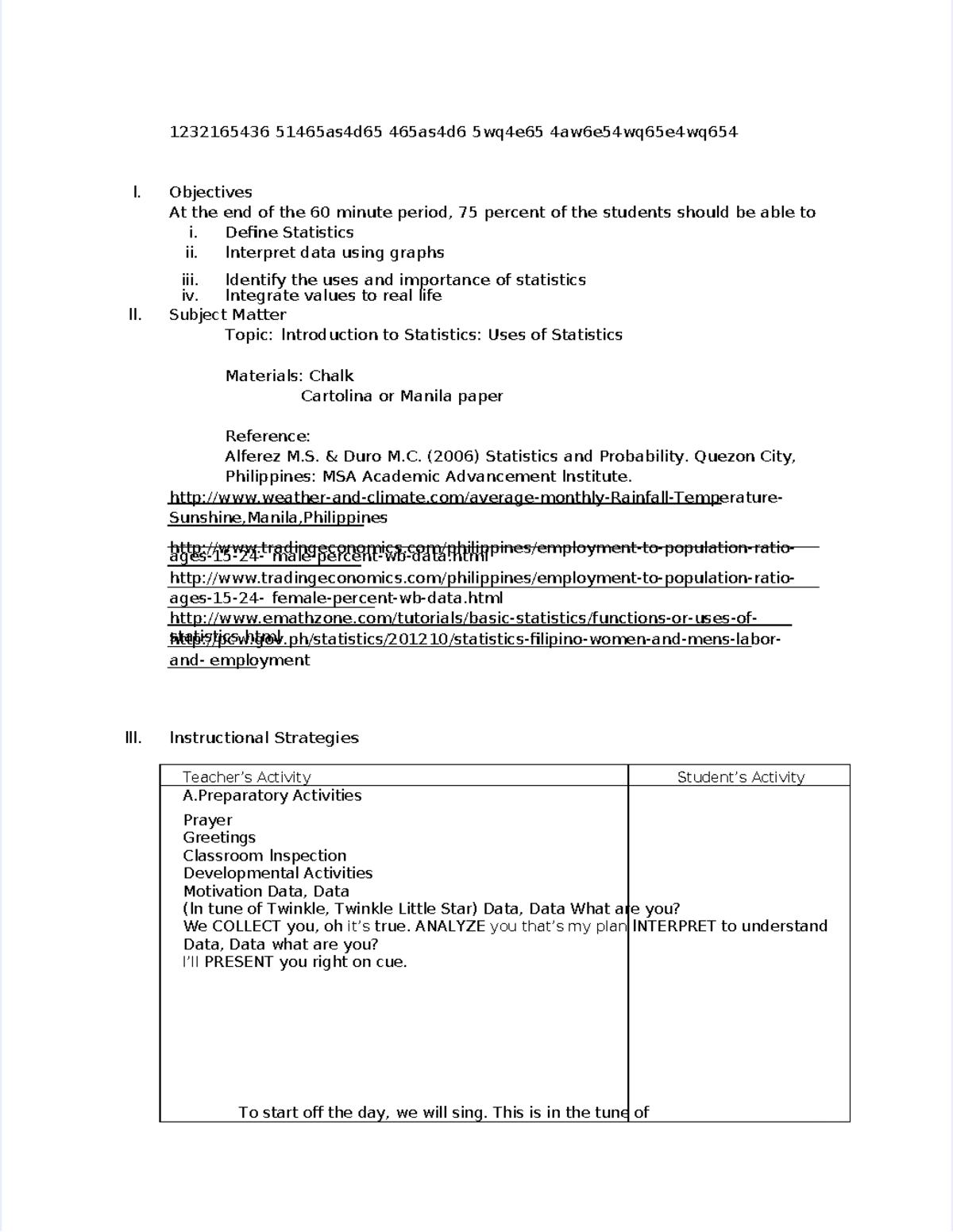 Pdf a detailed lesson plan on introduction to statistics - Teacher’s ...