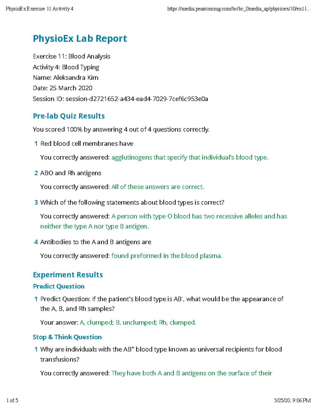 Blood lab - Online lab work - PhysioEx Lab Report Exercise 11 : Blood ...
