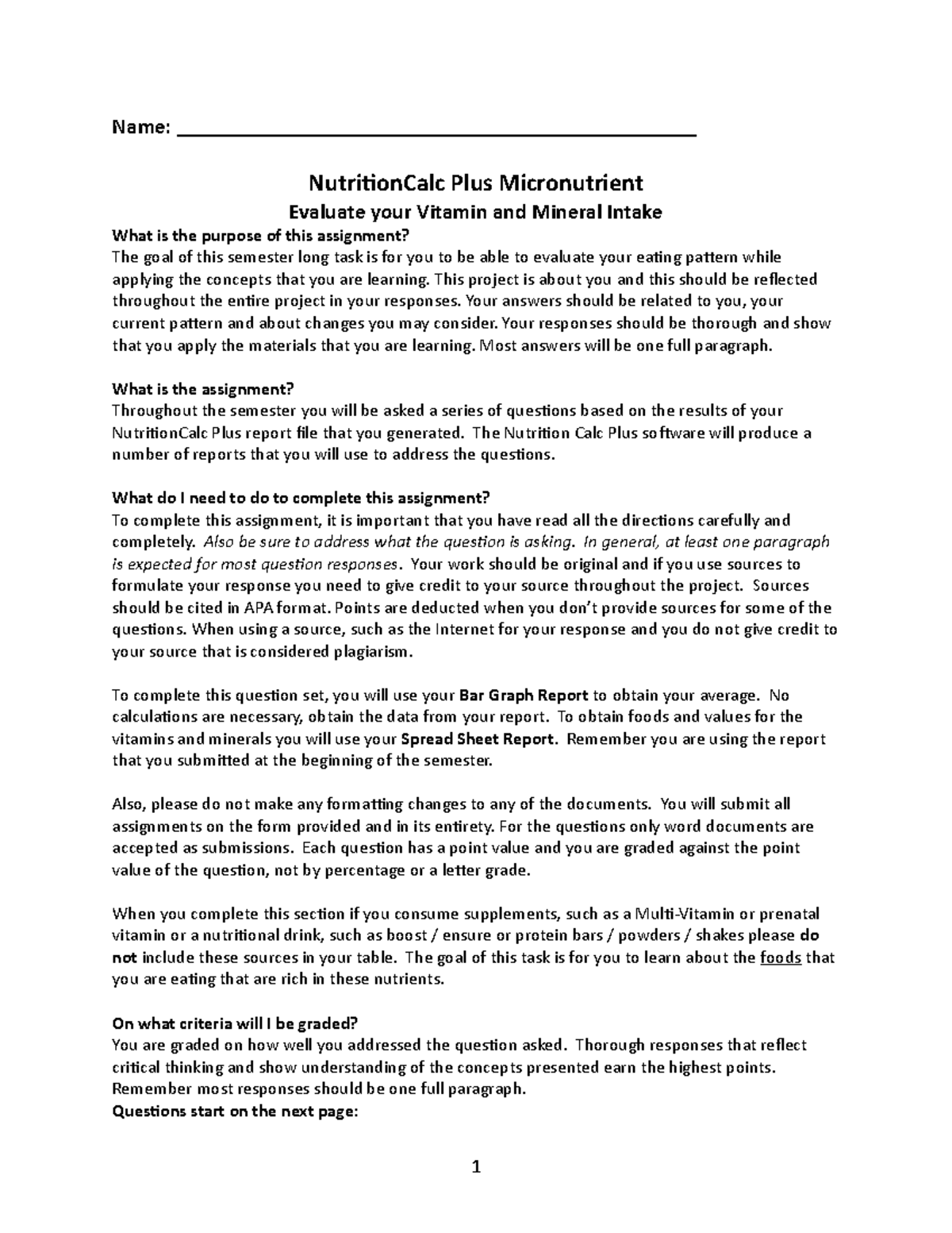 Nutrition Calc Plus Diet Analysis Micronutrient Question Set - Name ...