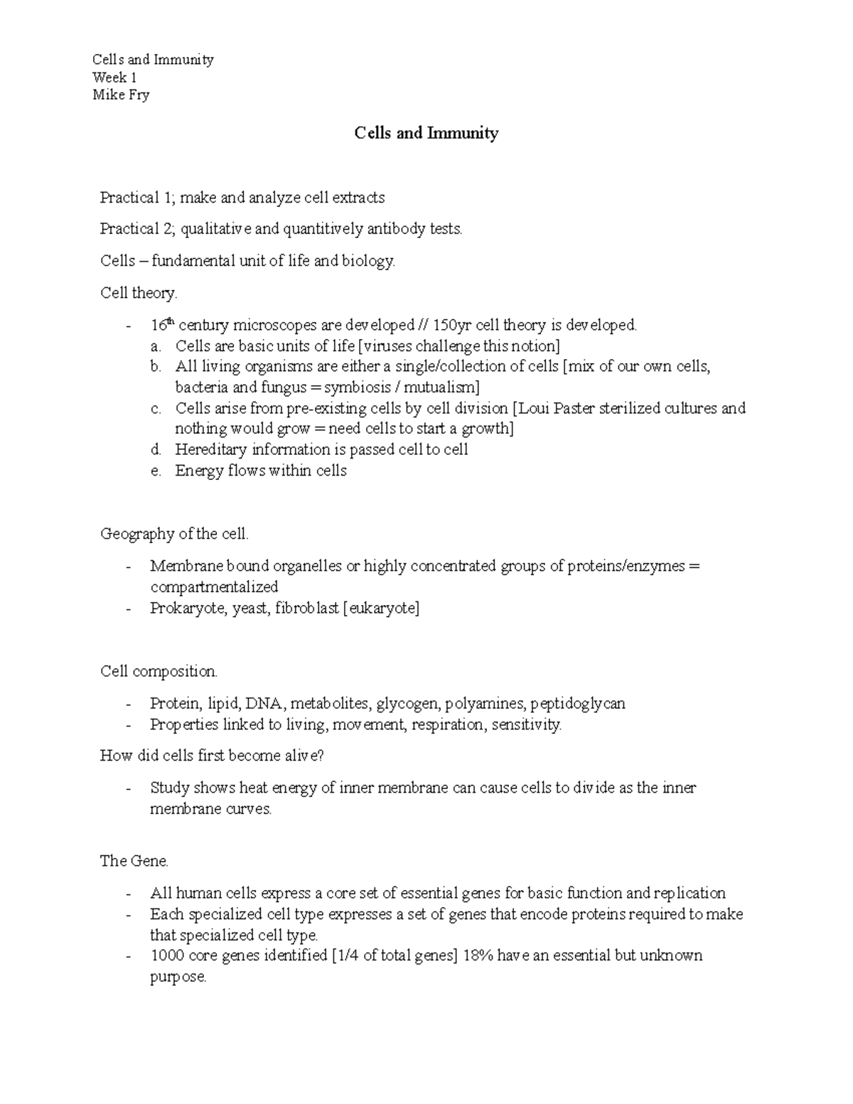 Cells and Immunity -W1 - Lecture notes 1 - Cells and Immunity Week 1 ...