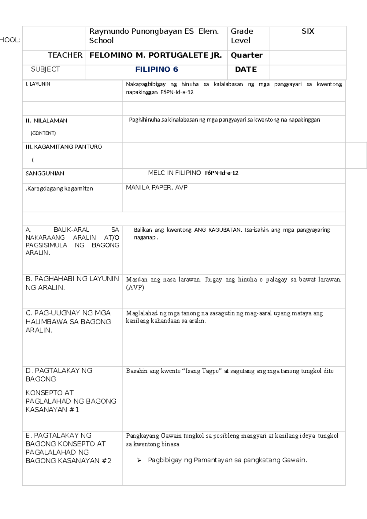 Filipino 6 DLP 1ST Quarter Paghihinuha - Copy - Raymundo Punongbayan ES Elem. School Grade Level ...