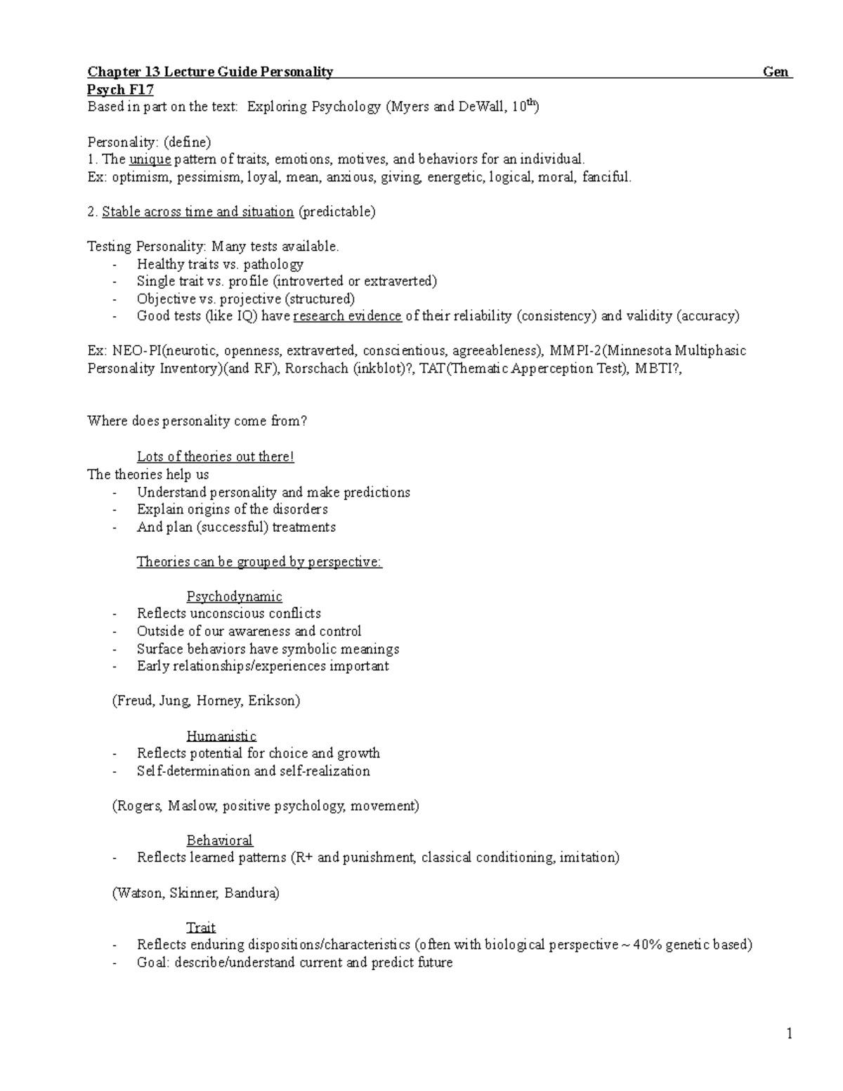 Chapter 13 Personality F17 - Chapter 13 Lecture Guide Personality Psych F17 Based in part on the ...