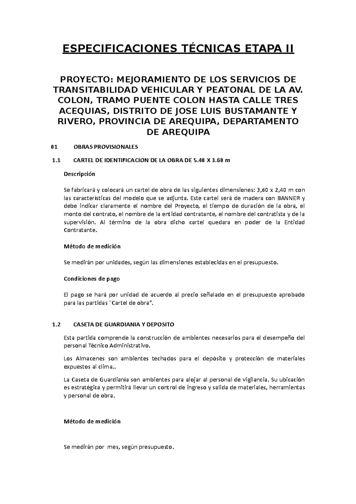 Especificaciones Técnicas E II - ESPECIFICACIONES TÉCNICAS ETAPA II PROYECTO: MEJORAMIENTO DE ...