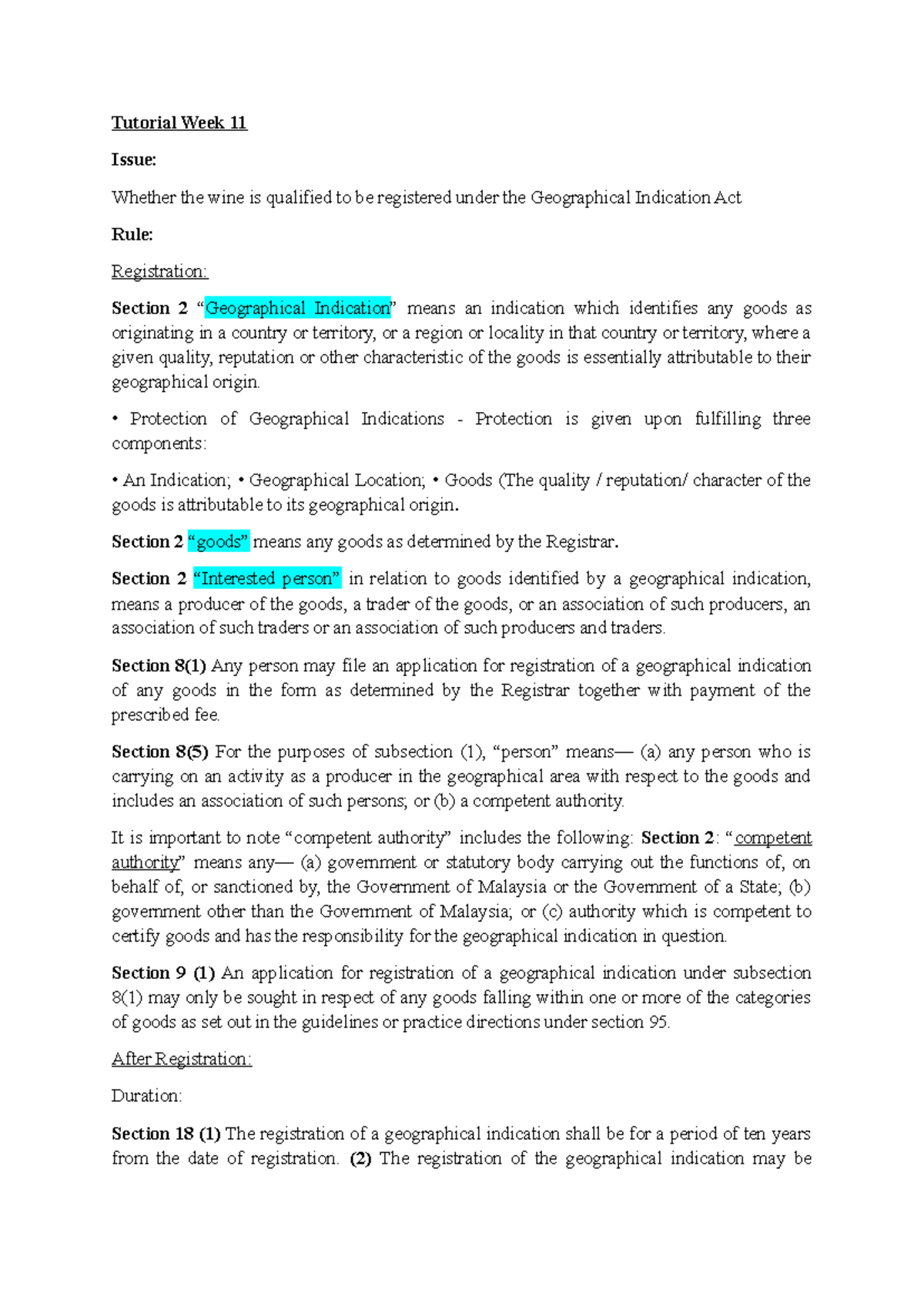 IP Tutorial Week 11 - Tutorial Week 11 Issue: Whether the wine is ...