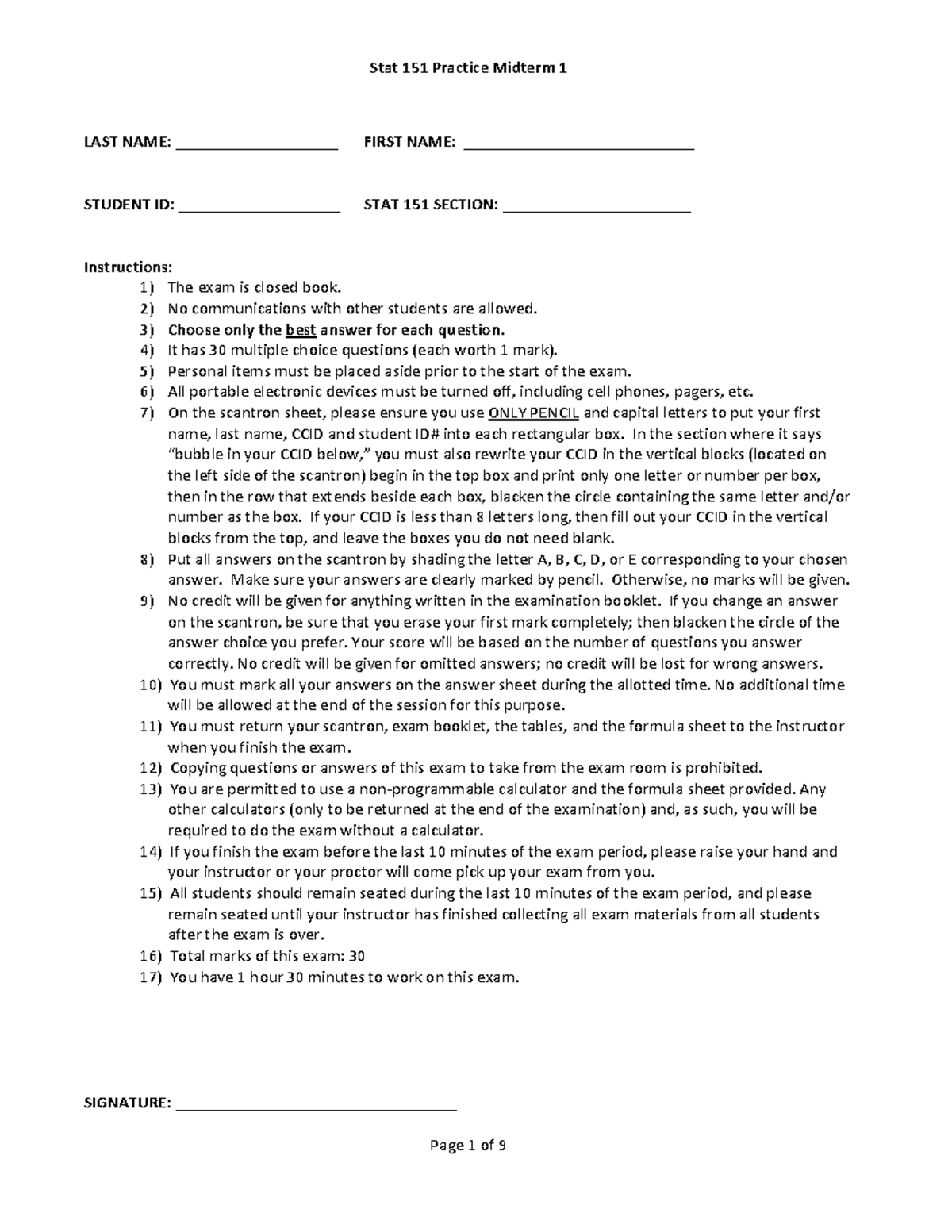 Practice Midterm 1 - Final Draft - LAST NAME: ___________________ FIRST NAME: - Studocu