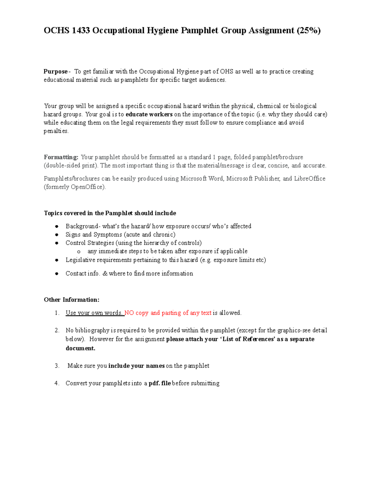 Assignment 1- Hygiene pamphlet - OCHS 1433 Occupational Hygiene ...