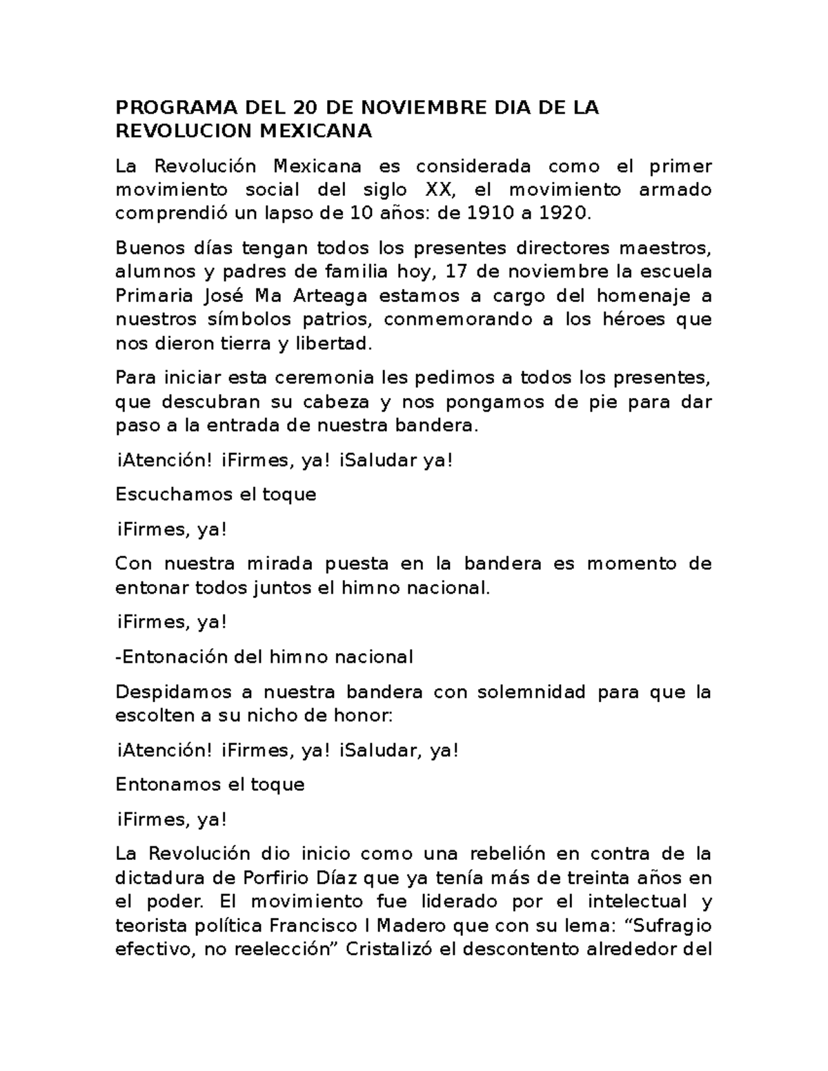 Programa DEL 20 DE Noviembre DIA DE LA Revolucion Mexicana - PROGRAMA DEL 20 DE NOVIEMBRE DIA DE ...