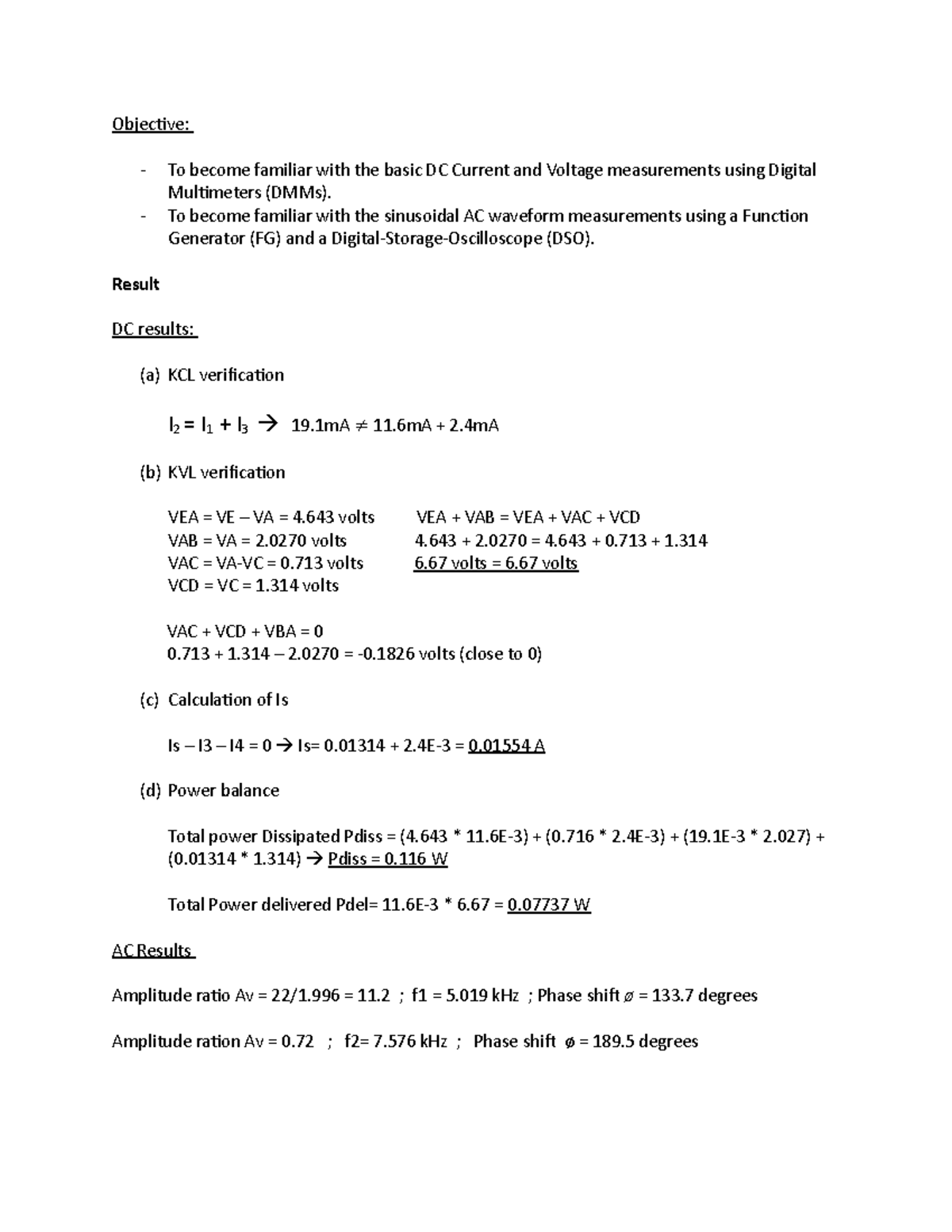Lab 1 elec 275 - Lab report for the 1st lab experiment. - Objective ...