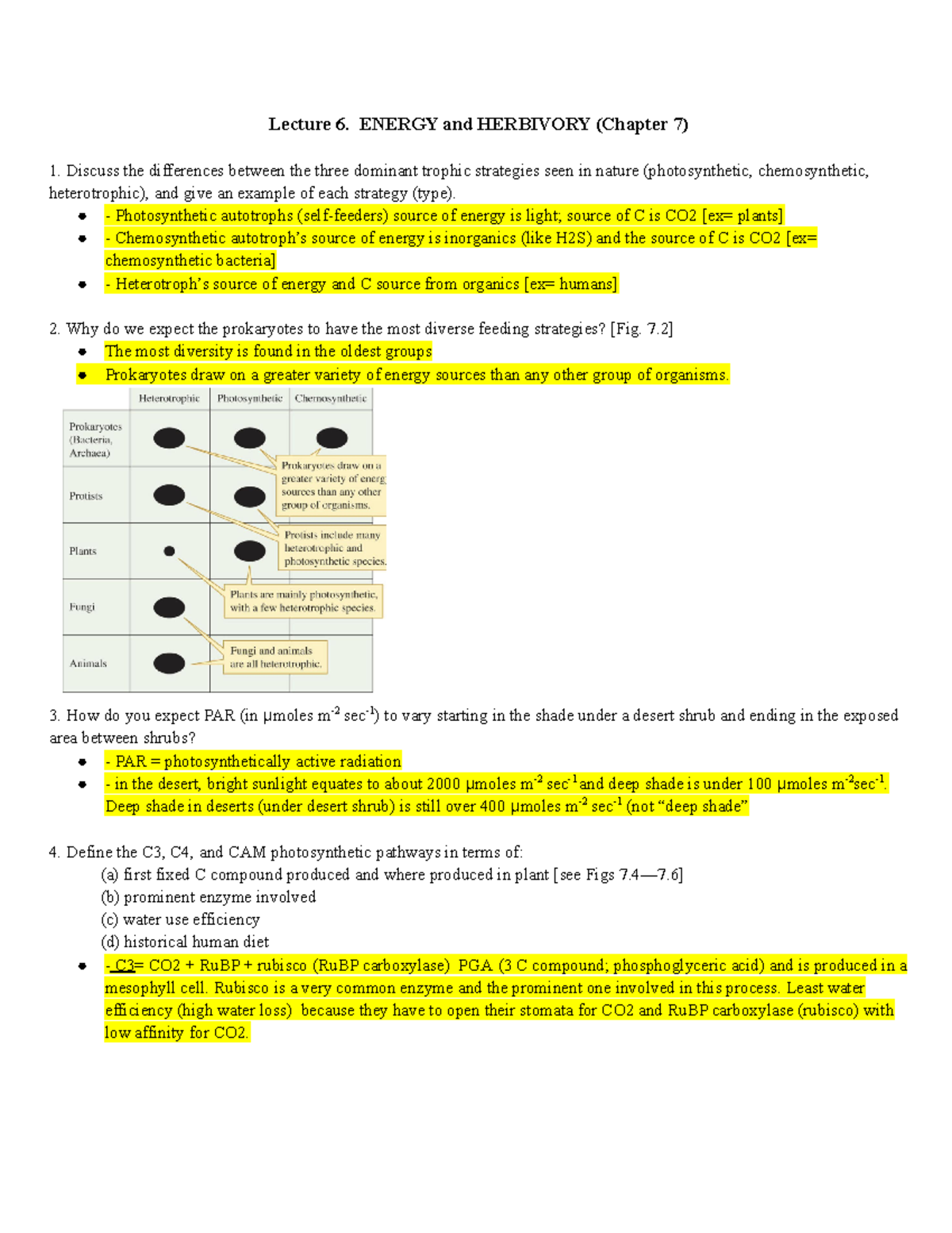 341 Study Guide Exam 2 - Lecture 6. ENERGY and HERBIVORY (Chapter 7 ...