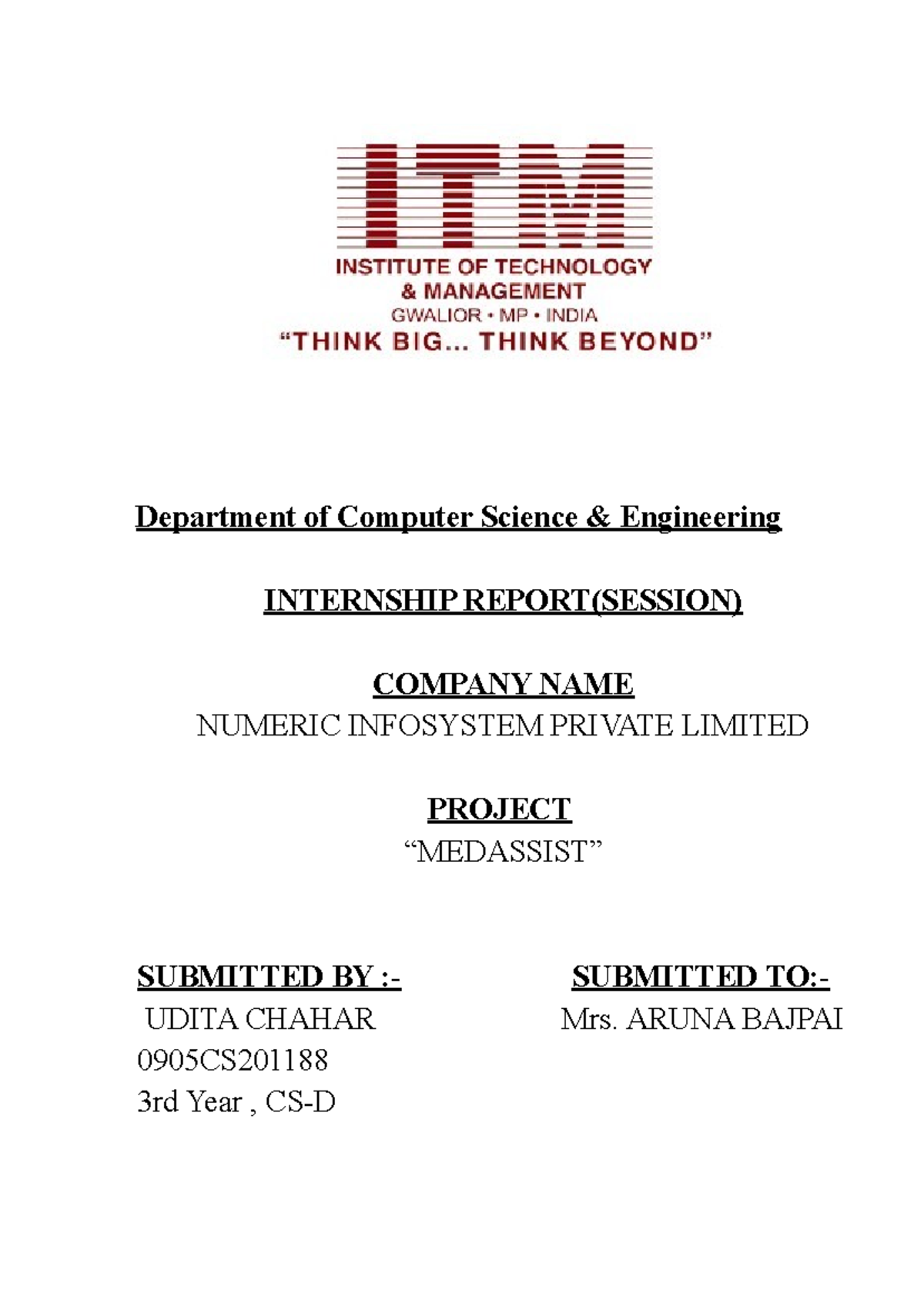 Udita - hhjnj - Department of Computer Science & Engineering INTERNSHIP REPORT(SESSION) COMPANY ...