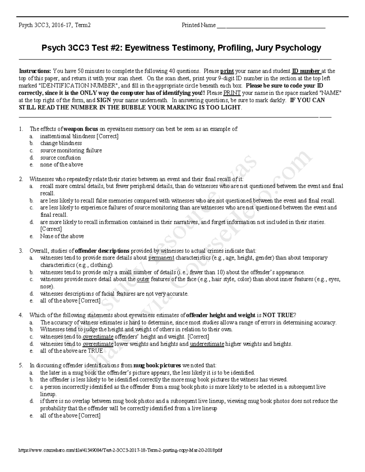 Test 3 2018, questions and answers - Psych 3CC3, 2016-17, Term2 Printed ...