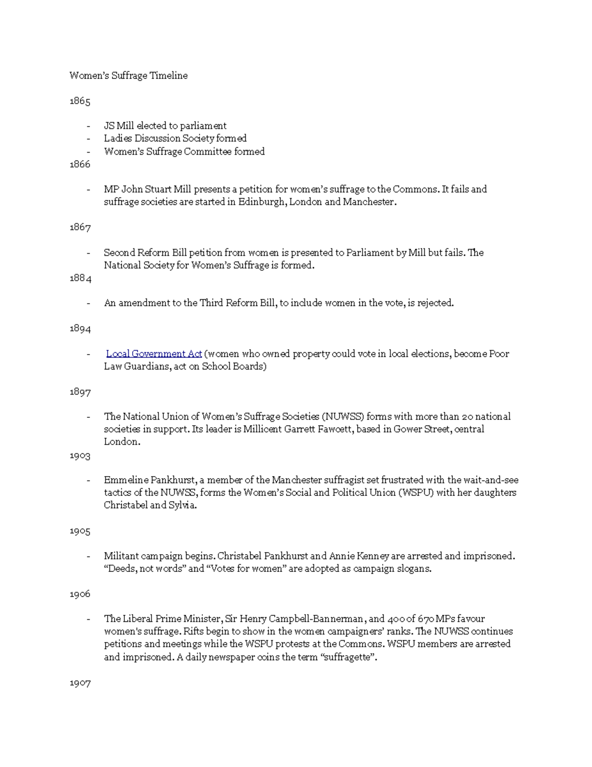 Women’s Suffrage notes - Women’s Suffrage Timeline 1865 1866 - JS Mill ...
