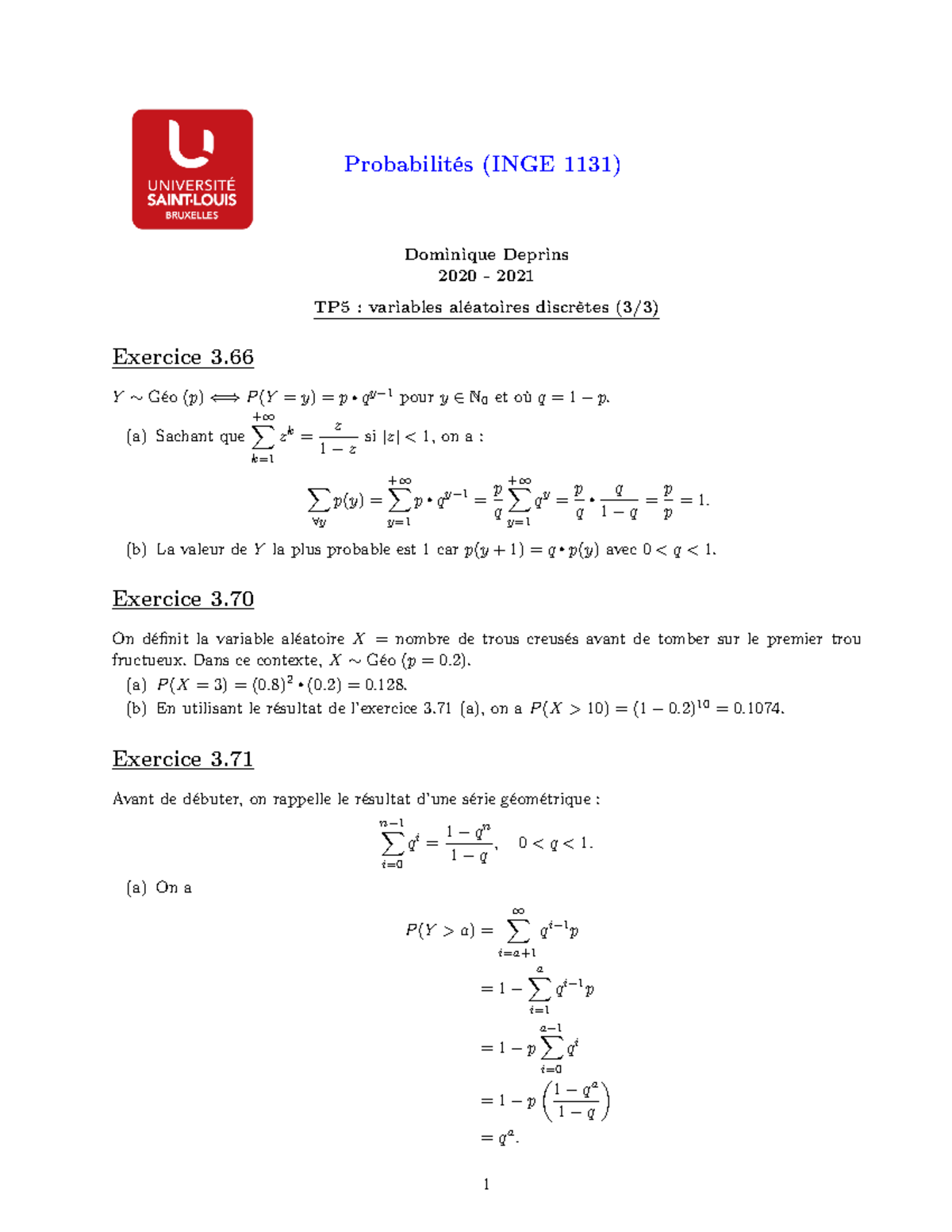 Solutions TP5 - solution tp proba - Probabilités (INGE 1131) Dominique Deprins 2020 - 2021 TP5 ...
