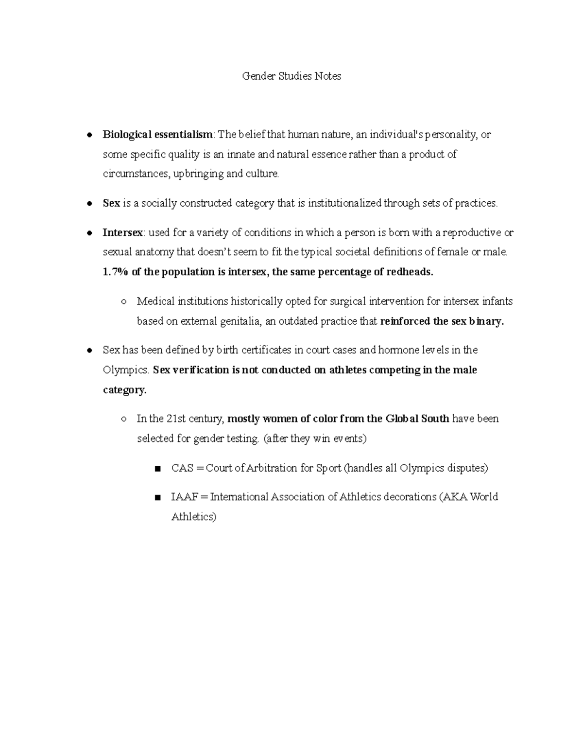 Gender Studies Notes - Sex is a socially constructed category that is ...