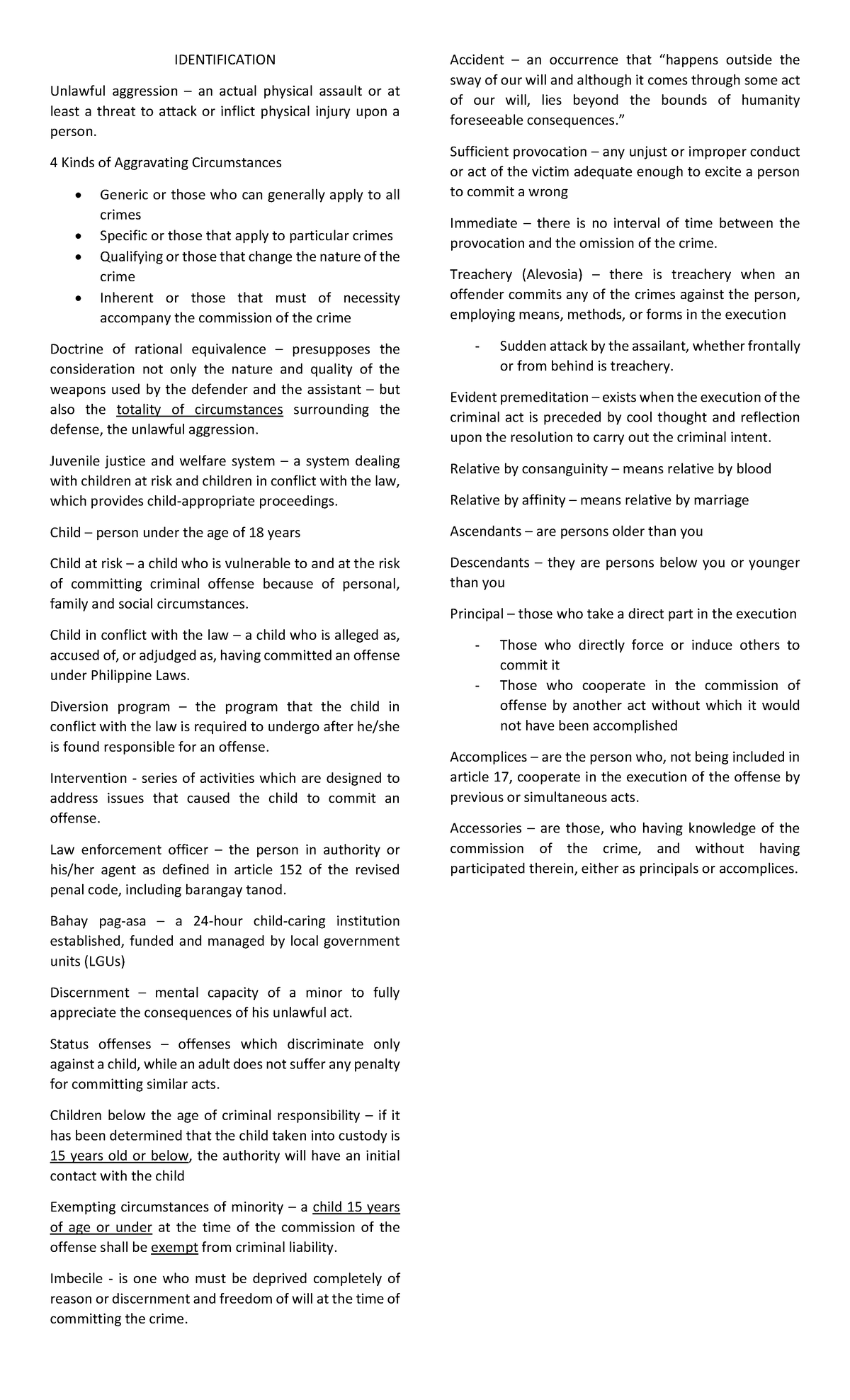 CRIM LAW Reviewer ( Finals) - IDENTIFICATION Unlawful aggression – an ...