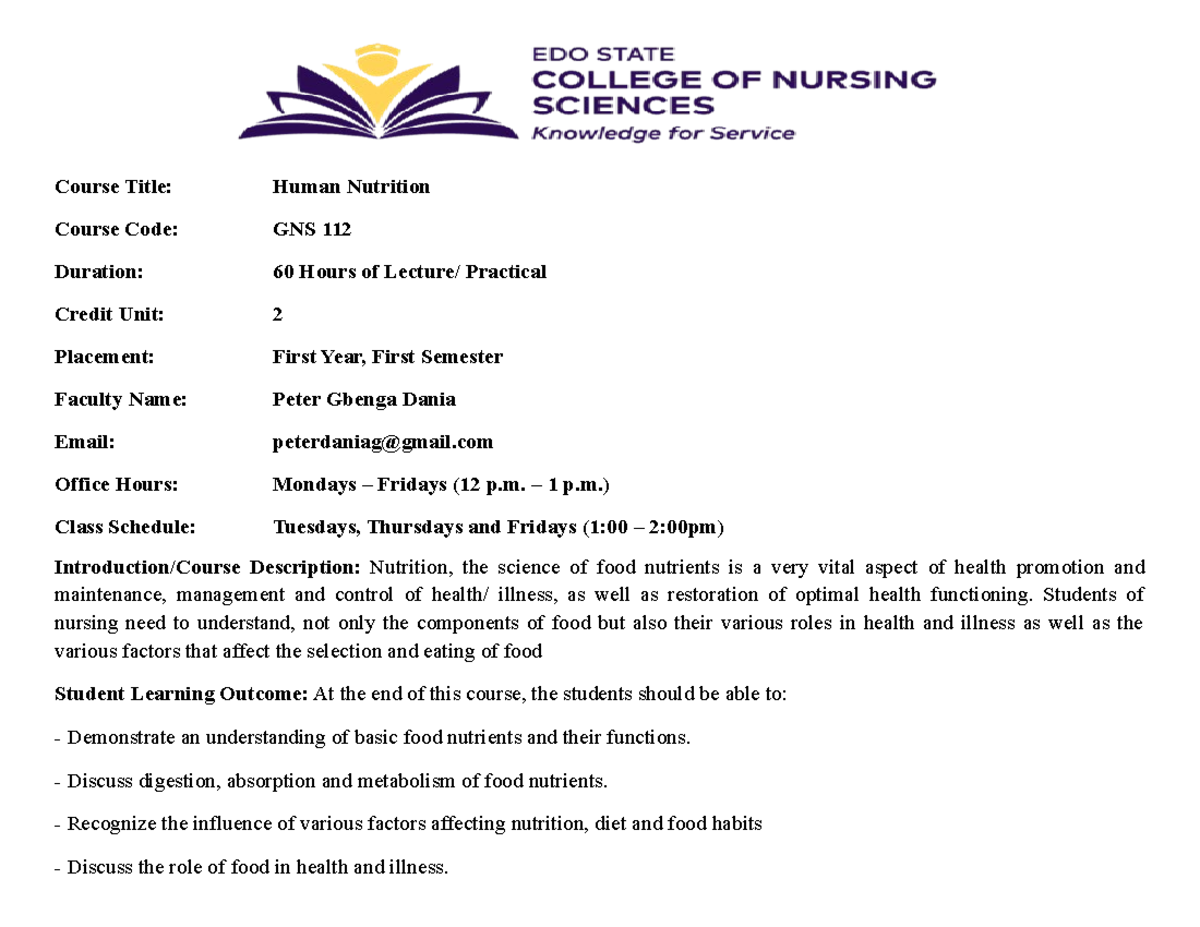 GNS112 Nutrition Guideline - Course Title: Human Nutrition Course Code ...