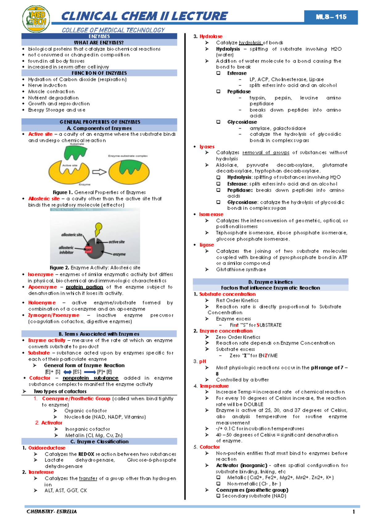 Cc2 - CLINICAL CHEM II LECTURE COLLEGE OF MEDICAL TECHNOLOGY ENZYMES WHAT ARE ENZYMES ...