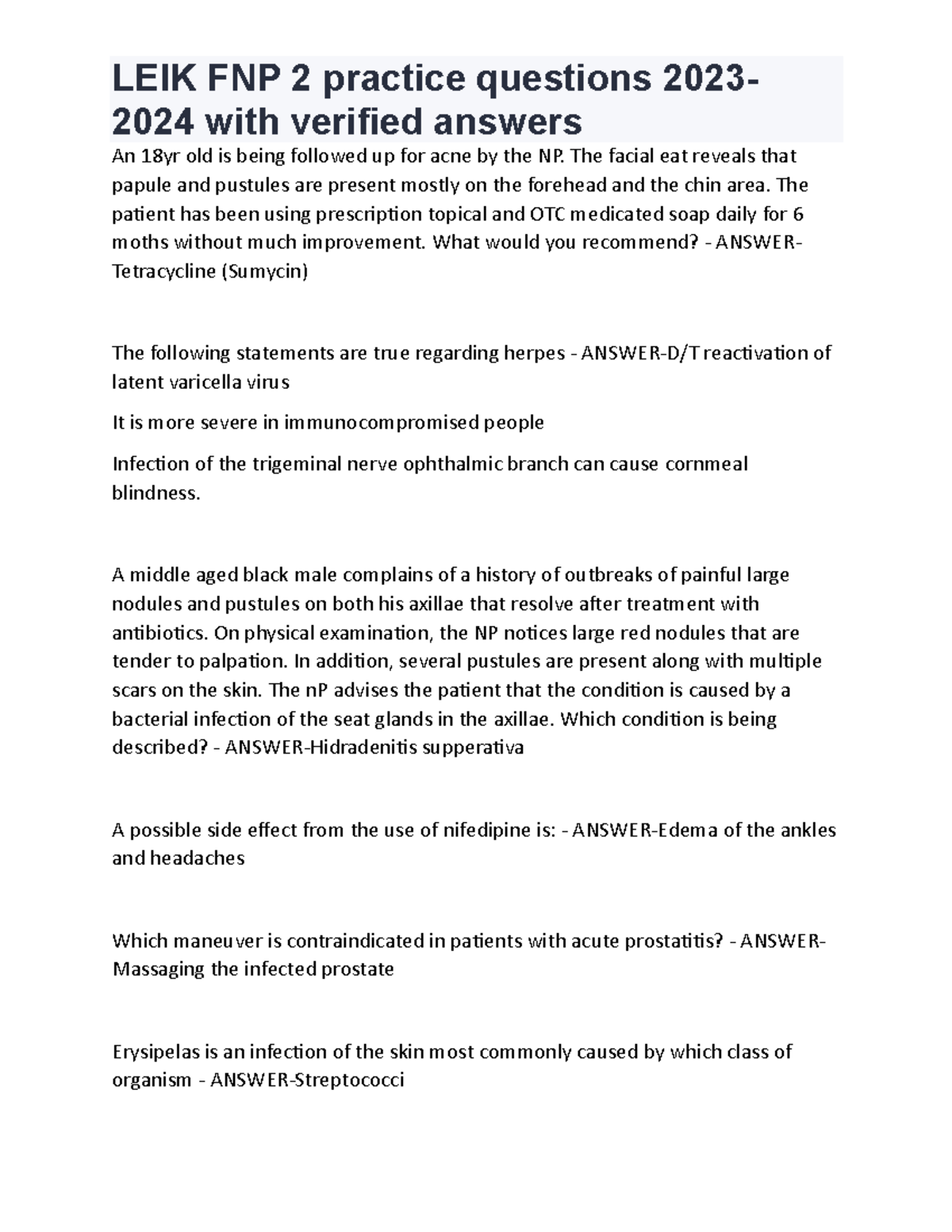LEIK FNP 4 - LEIK FNP 2 practice questions 2023- 2024 with verified ...