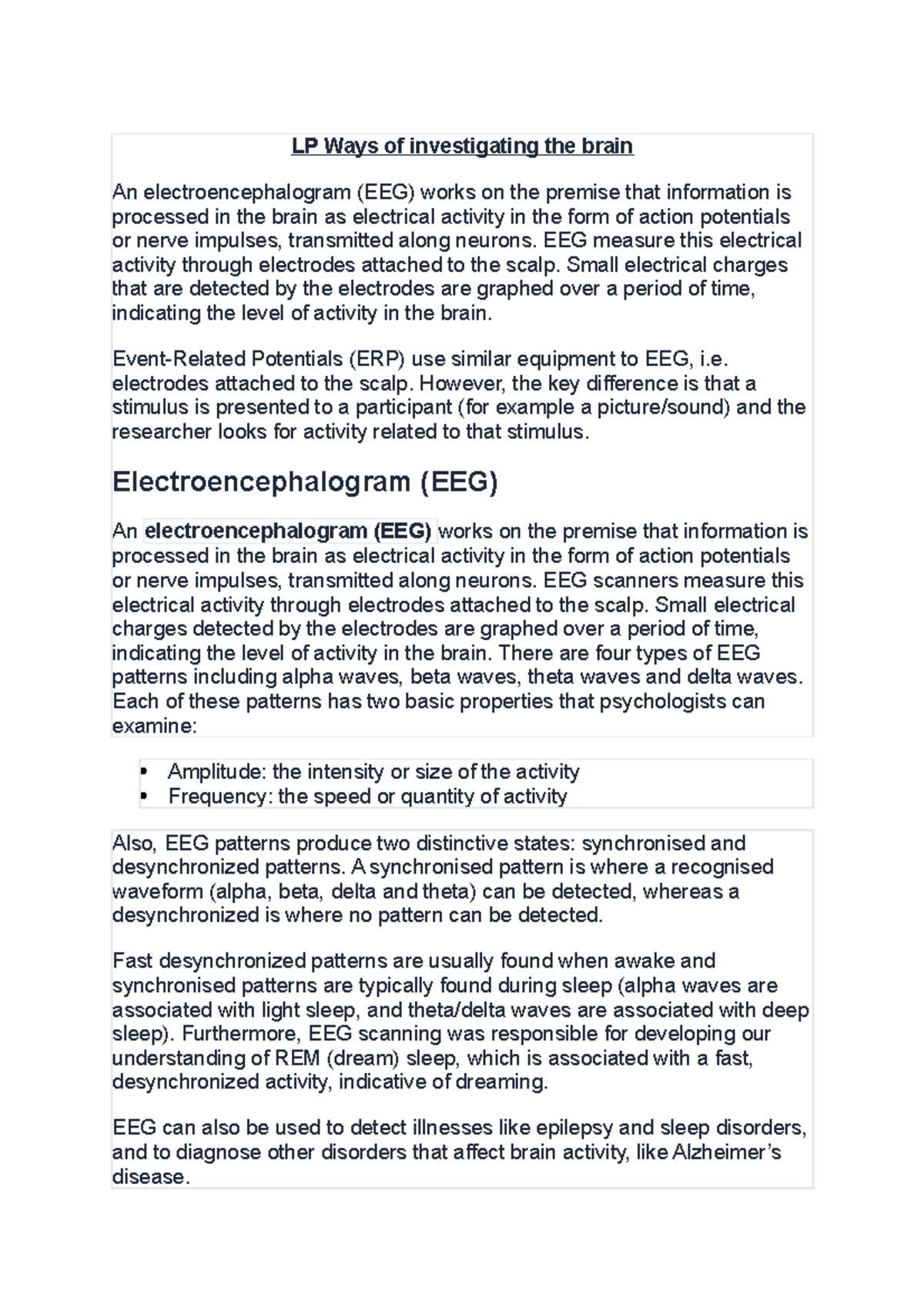 LP ways of investigating the brain - EEG measure this electrical ...