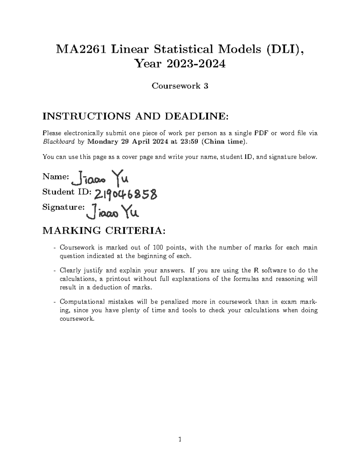 HW3 solution by myself - MA2261 Linear Statistical Models (DLI), Year ...