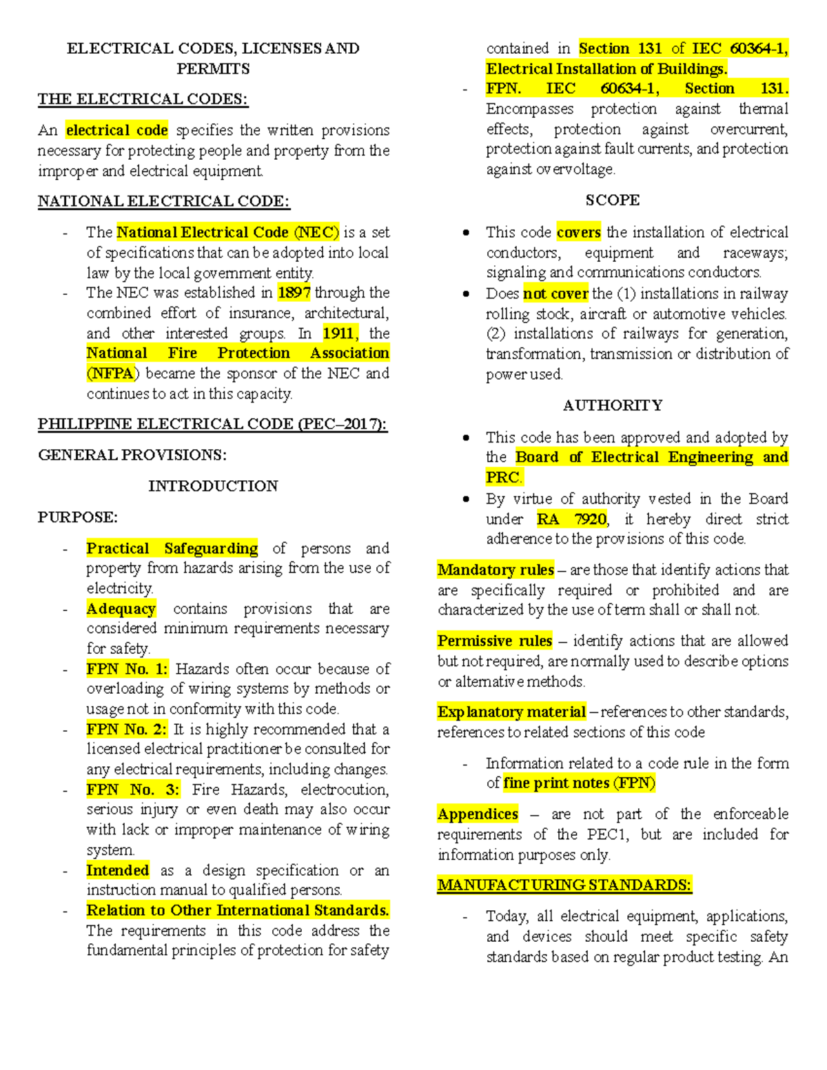 Chapter-3-OHA - notes - ELECTRICAL CODES, LICENSES AND PERMITS THE ...