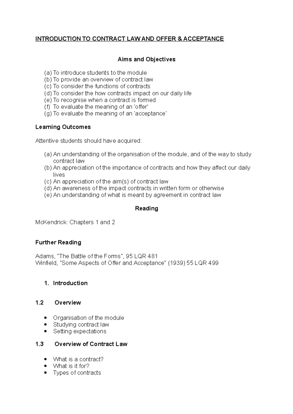 Lecture 1 Contract LAW - INTRODUCTION TO CONTRACT LAW AND OFFER ...