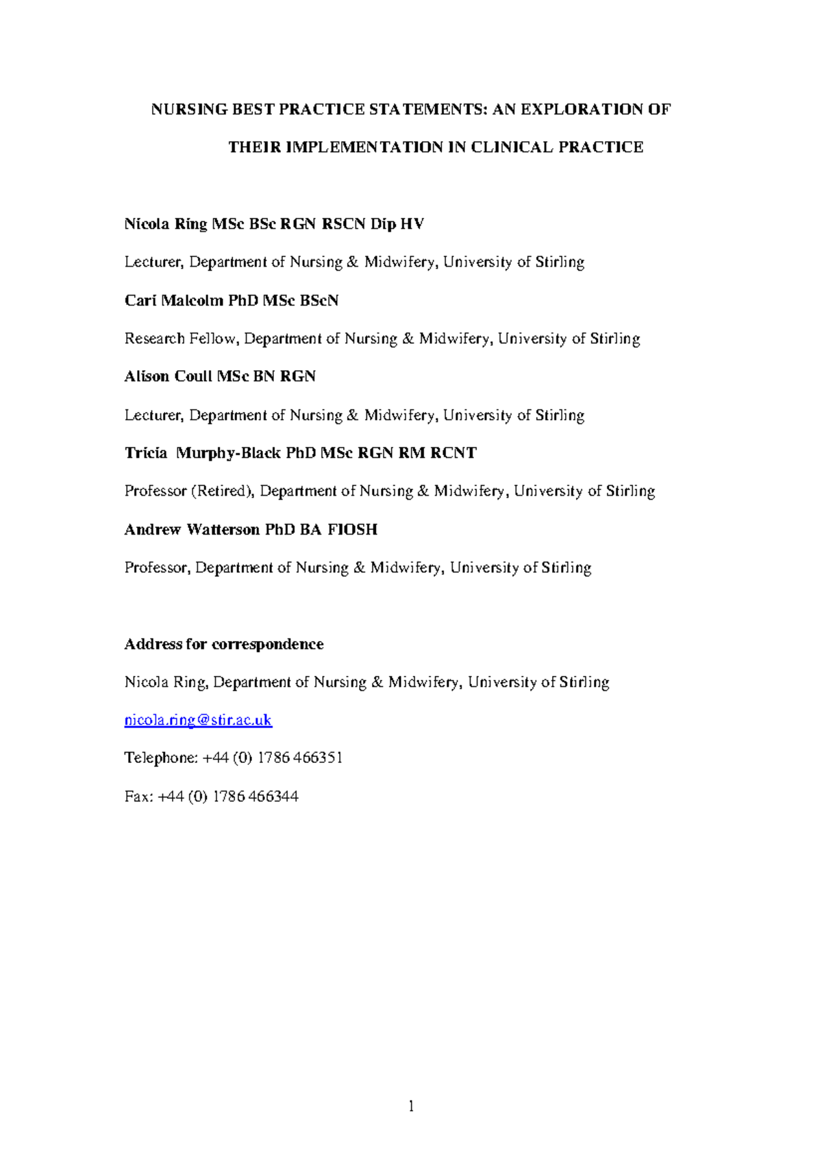 Nursing best practice statements an expl - NURSING BEST PRACTICE ...