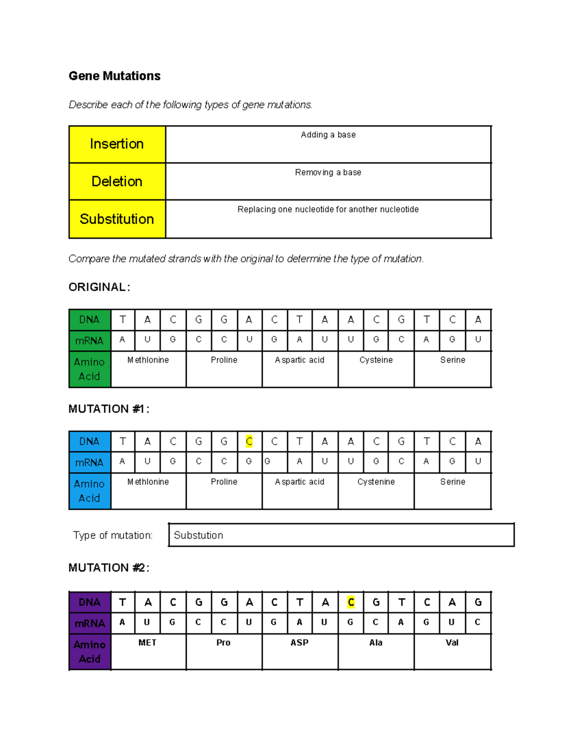 Mutations Practice - Gene Mutations Describe each of the following ...