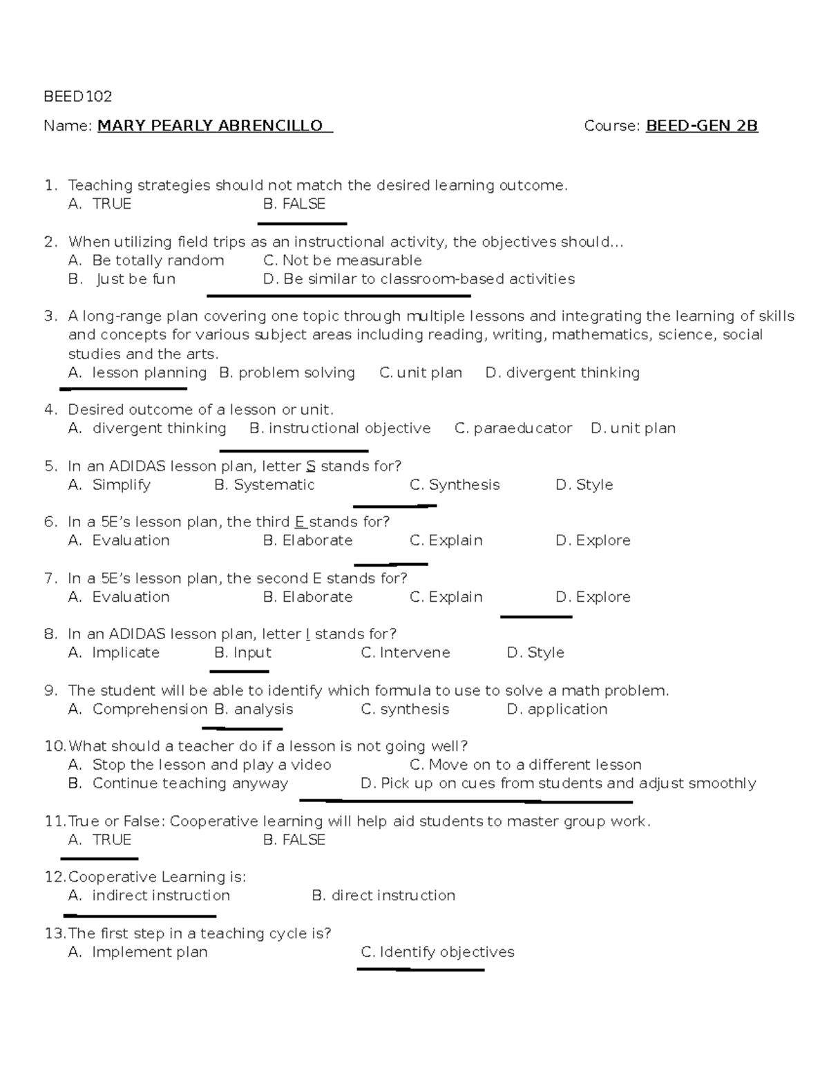 Assignment in school - BEED Name: MARY PEARLY ABRENCILLO Course: BEED ...