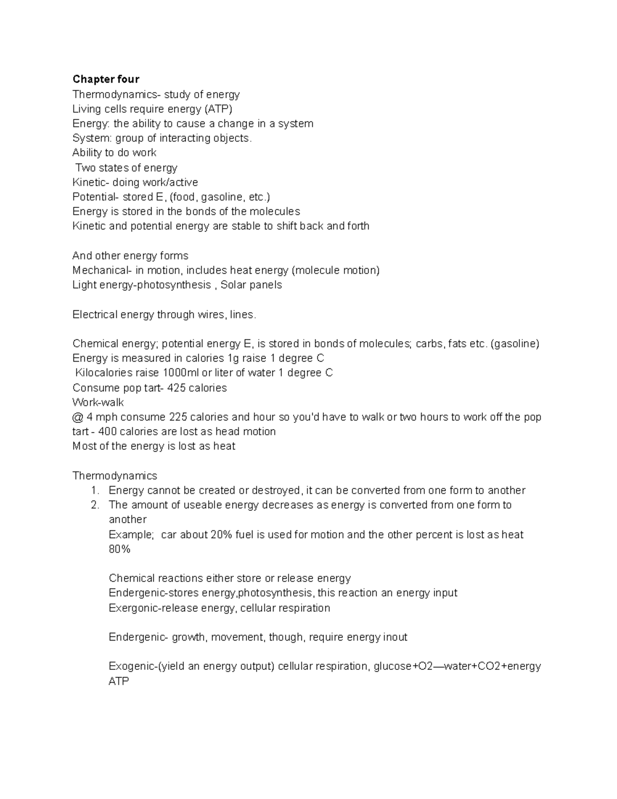 Chapter 4 bio - Chapter four Thermodynamics- study of energy Living ...