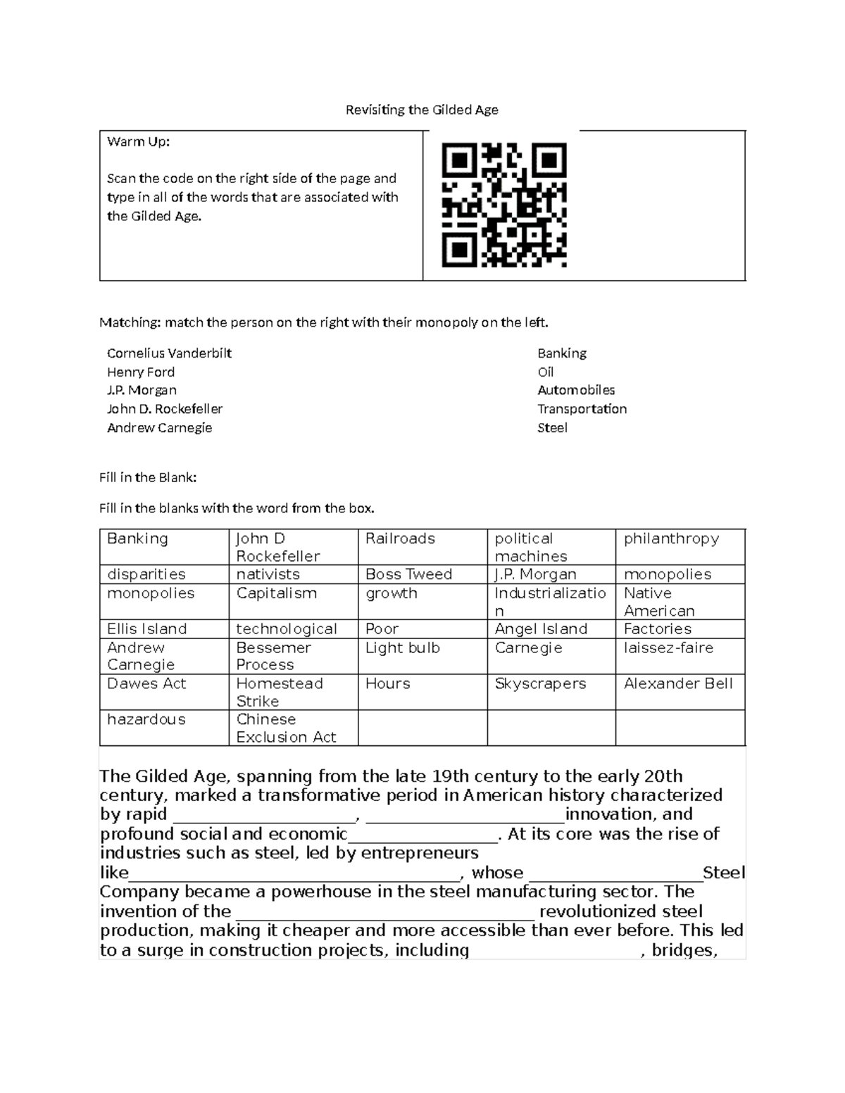 Revisiting the Gilded Age - Matching: match the person on the right ...
