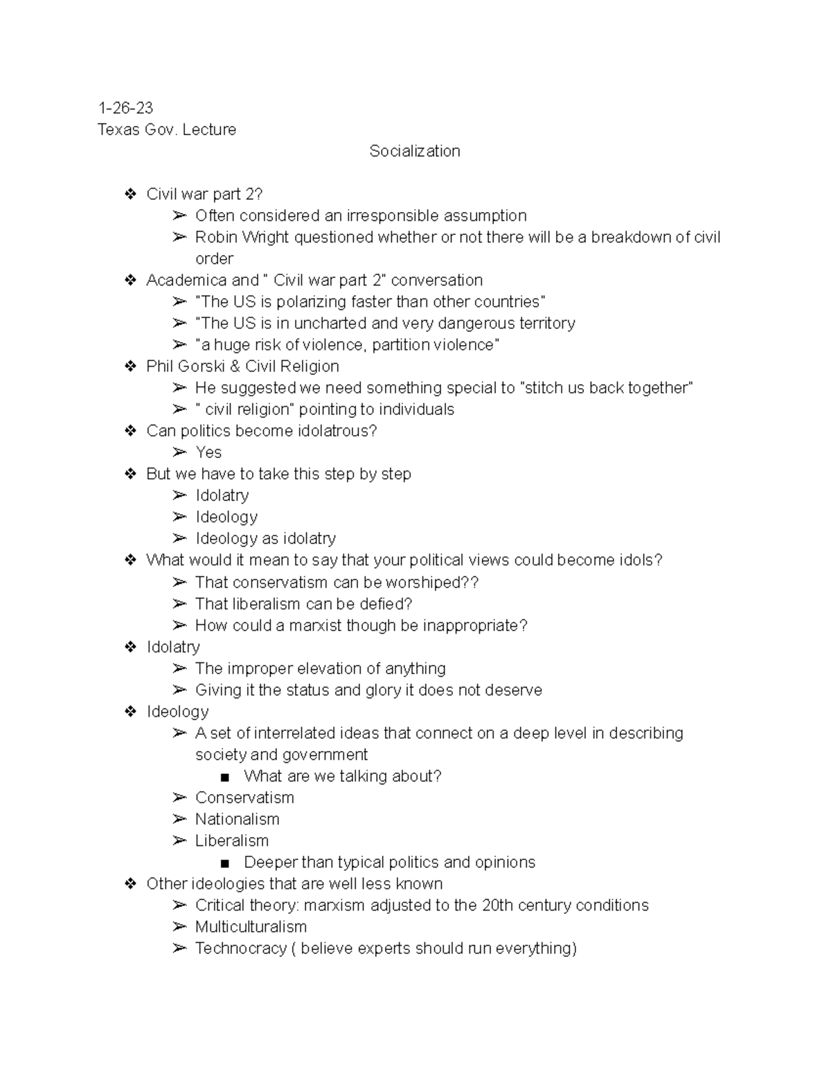 1-26-23 Texas Gov. Lecture - 1-26- Texas Gov. Lecture Socialization ...