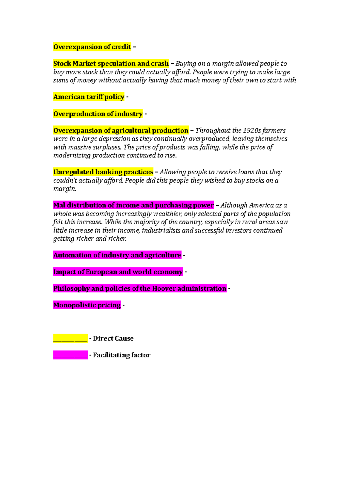 Causes of the Great Depression - Overexpansion of credit – Stock Market ...