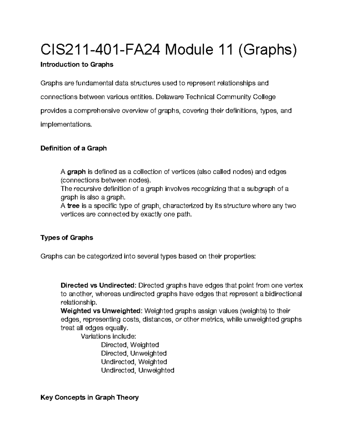 CIS211-401-FA24 Module 11 (Graphs) Introduction to Graphs - CIS211-401-FA24 Module 11 (Graphs ...