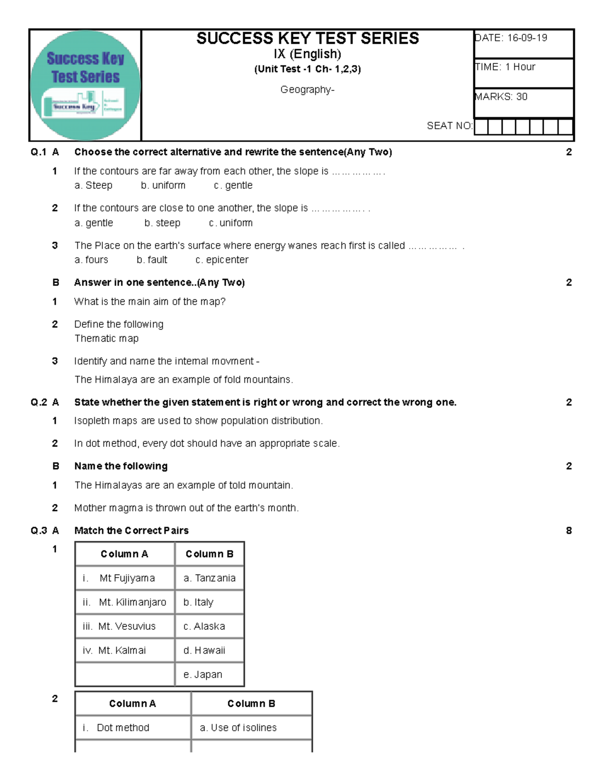 Class 9 E Unit T -1 Geo Q - Njjj - SEAT NO: SUCCESS KEY TEST SERIES IX ...