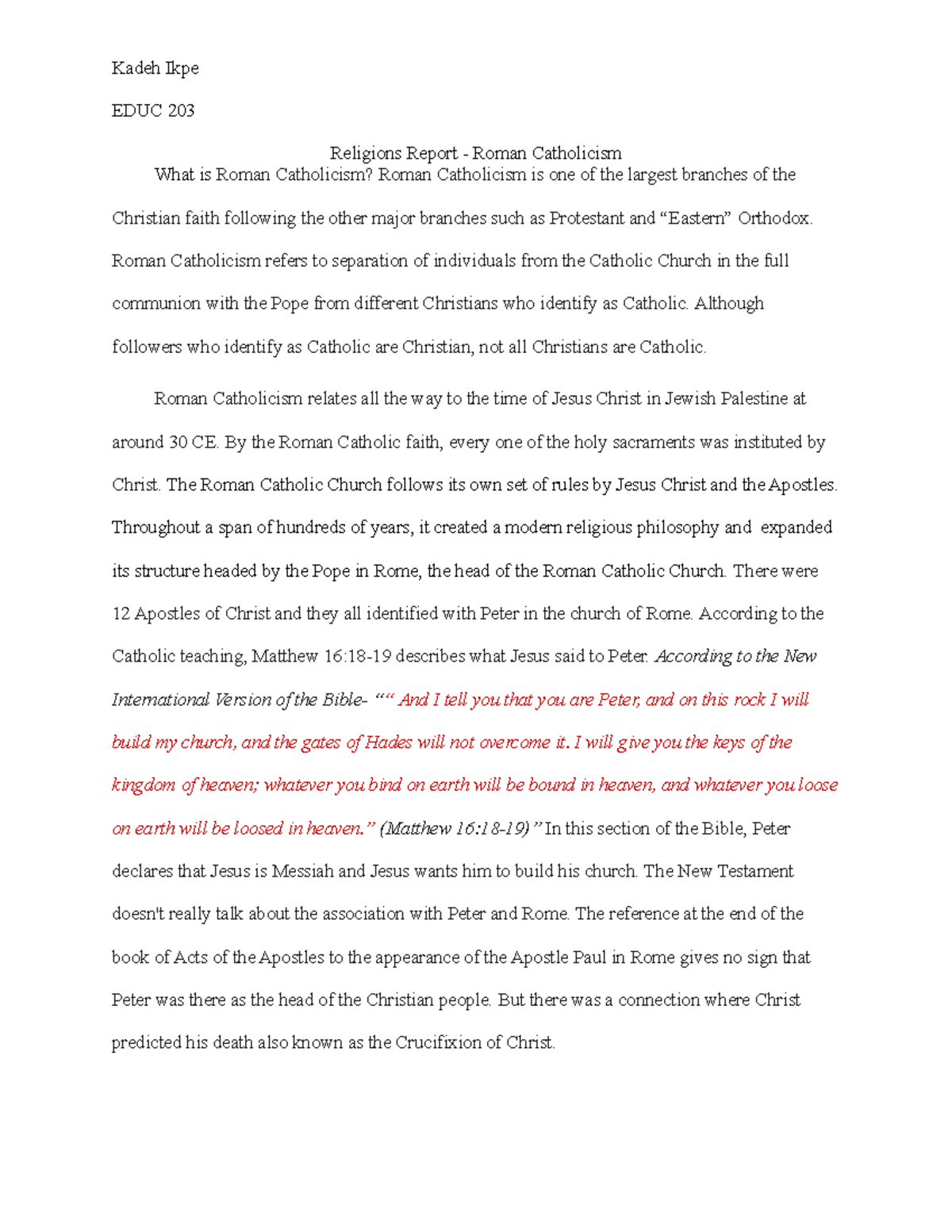 Religions Report - Roman Catholicism - Kadeh Ikpe EDUC 203 Religions ...