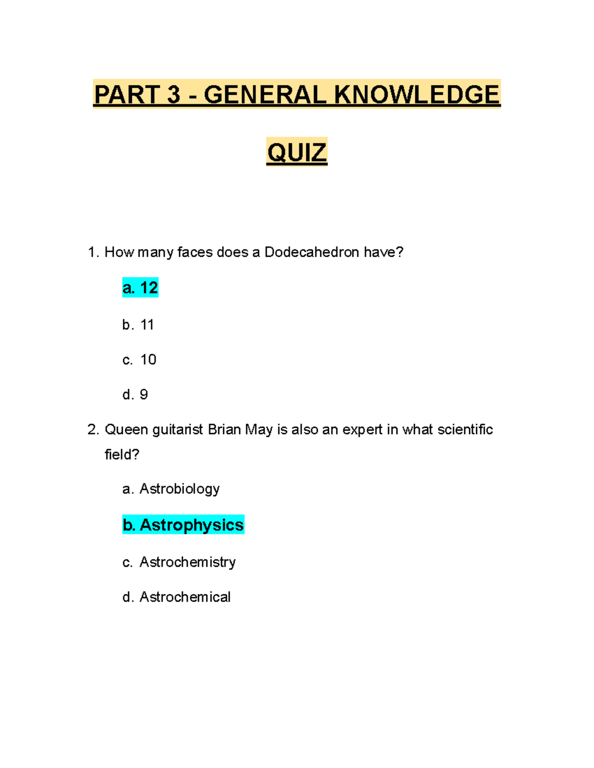 PART 3 - General Knowledge QUIZ - PART 3 - GENERAL KNOWLEDGE QUIZ How ...