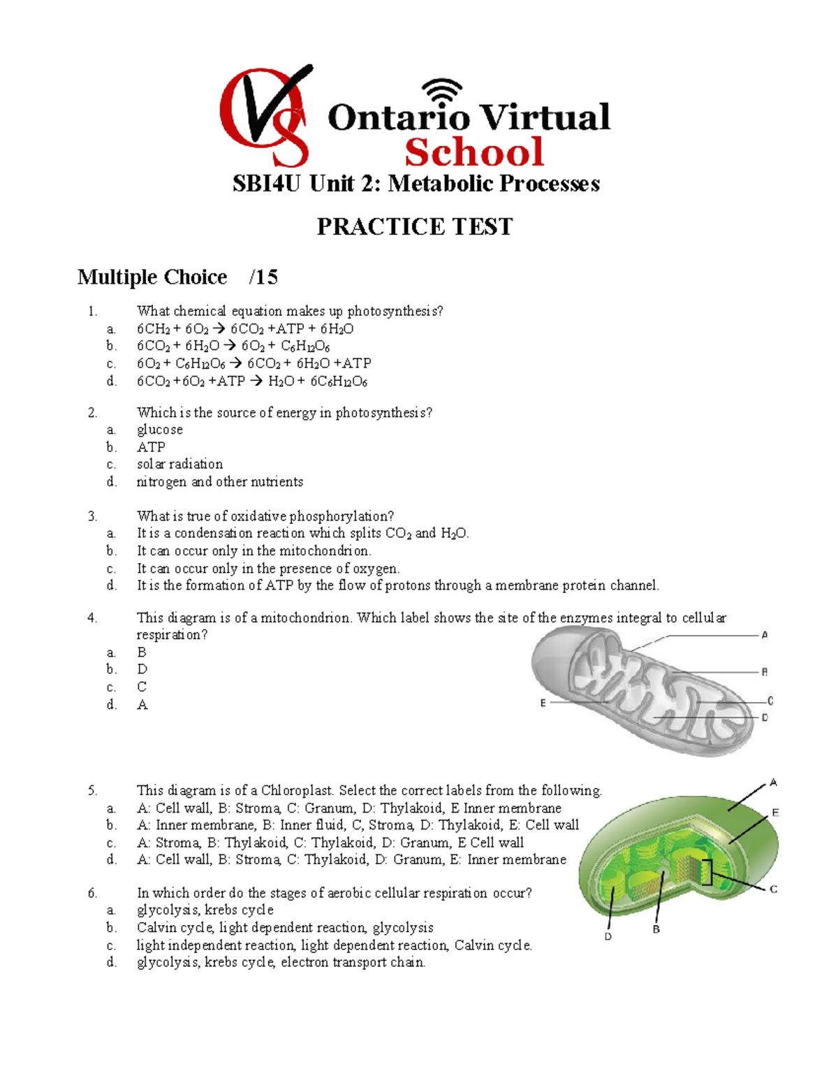 OVS Unit 2 Practice Test - SBI4U Unit 2: Metabolic Processes PRACTICE ...