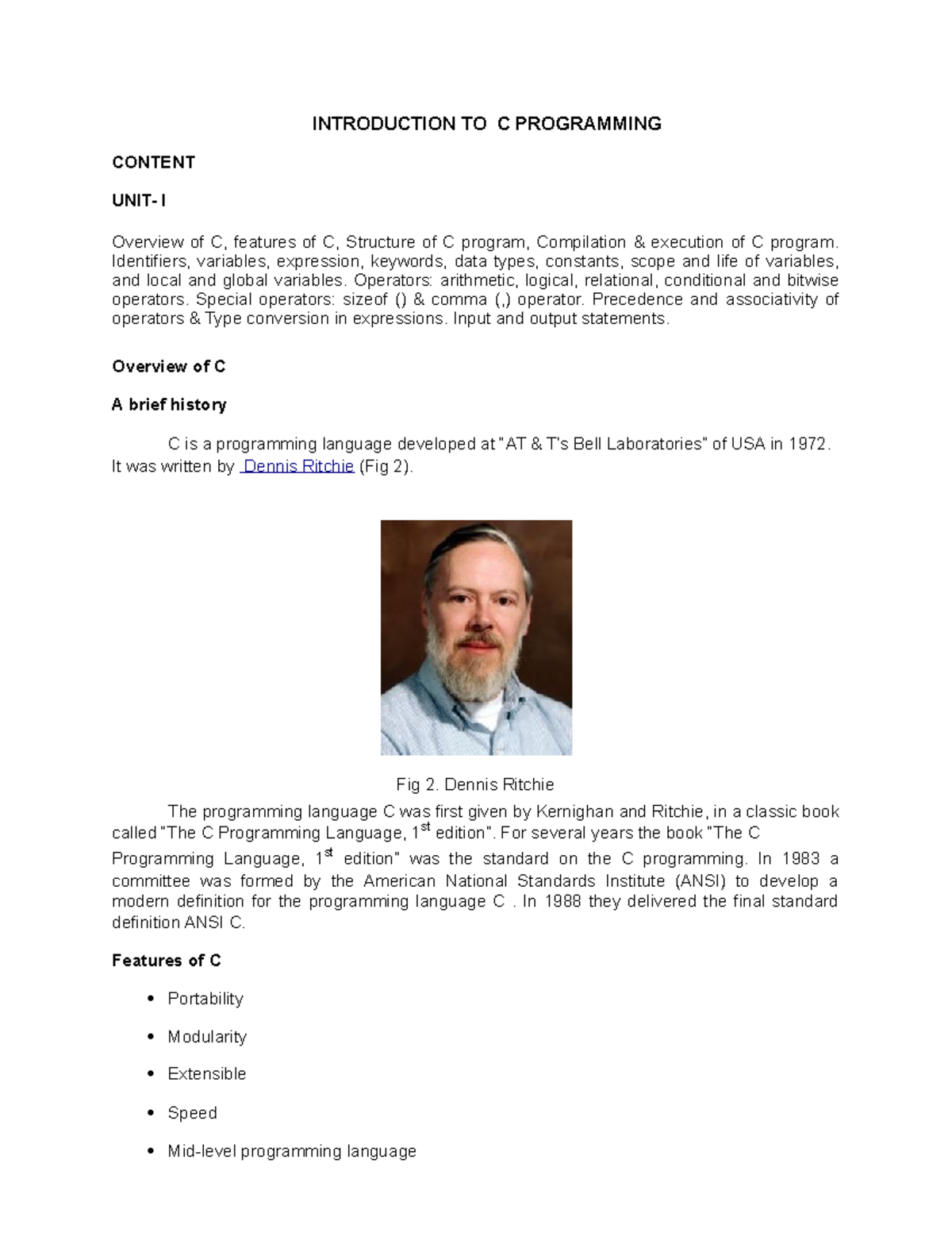 C unit ii part a - INTRODUCTION TO C PROGRAMMING CONTENT UNIT- I ...