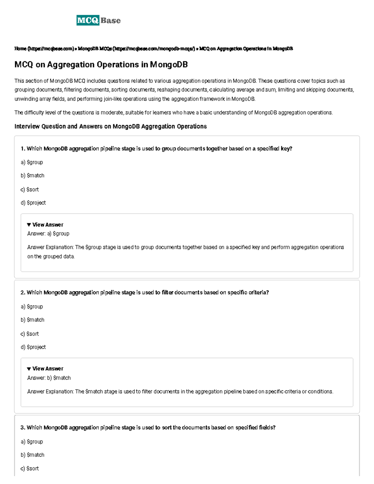 MCQ on Aggregation Operations in Mongo DB - MCQ Base - Home (mcqbase) » MongoDB MCQs - Studocu