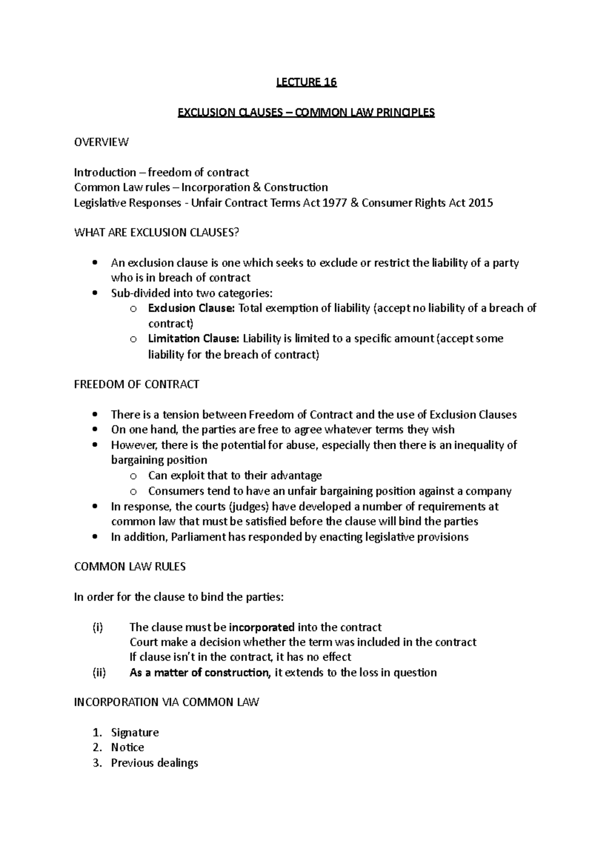 Lecture 16 - LECTURE 16 EXCLUSION CLAUSES – COMMON LAW PRINCIPLES ...