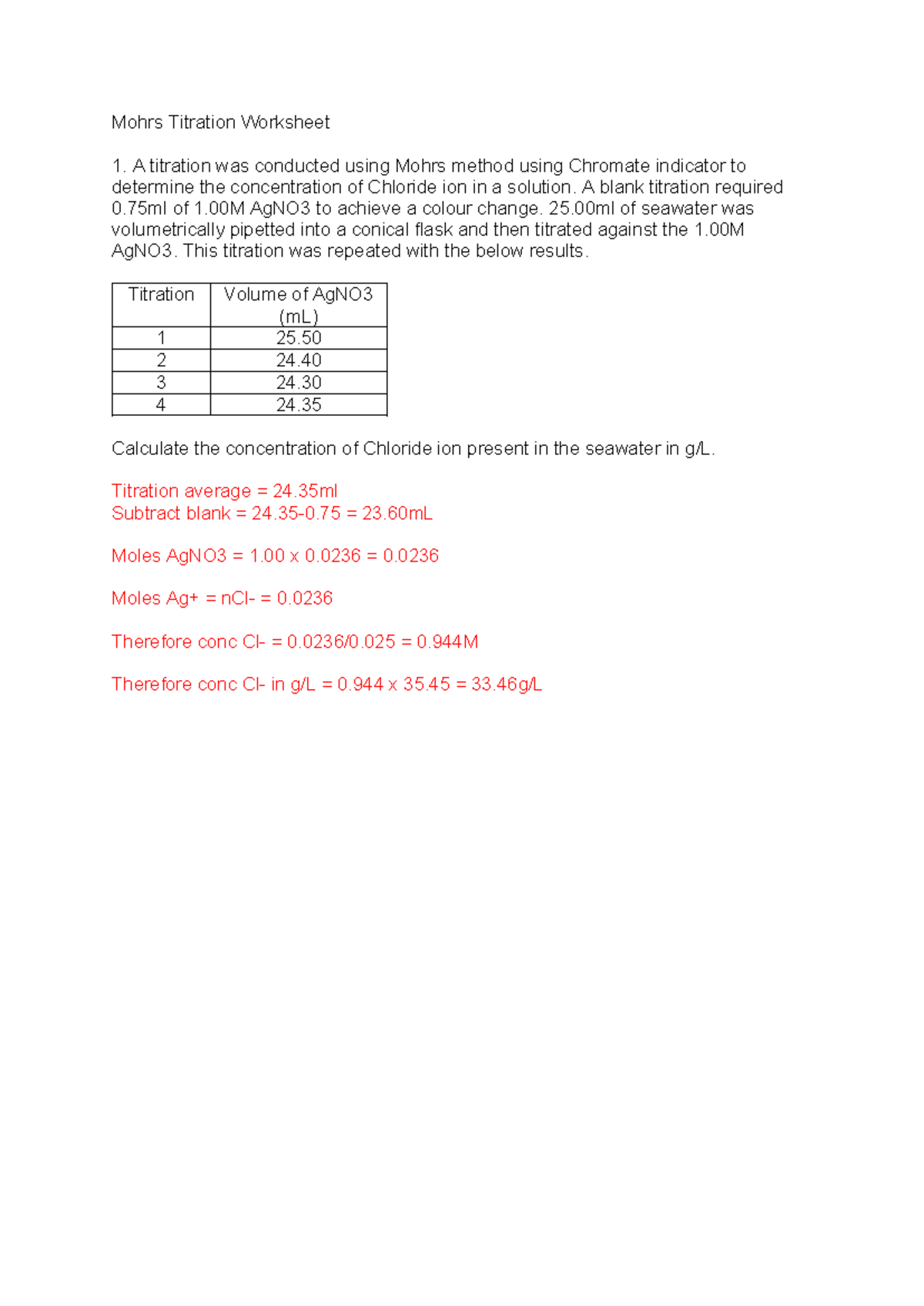 Mohrs Titration worksheet answers - Mohrs Titration Worksheet A ...