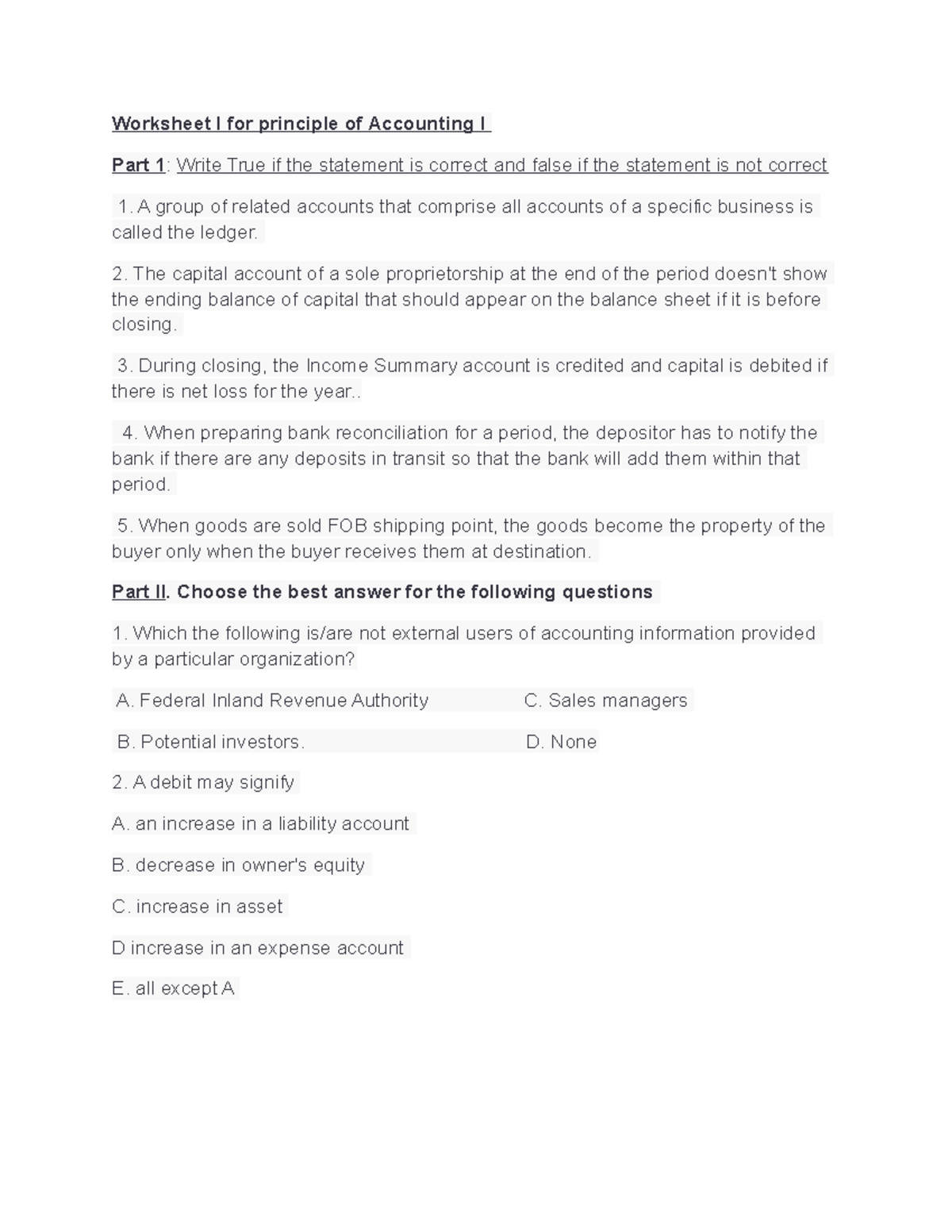 Worksheet I for principle of Accounting I - A group of related accounts ...