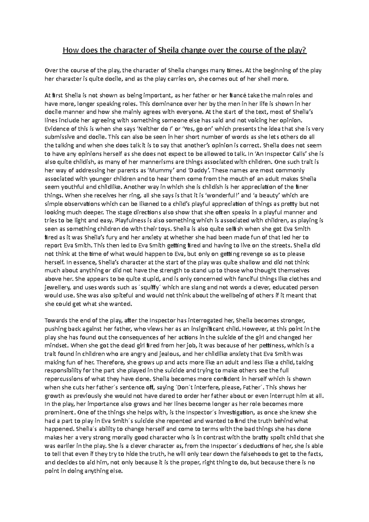 English Essay Sheila - How does the character of Sheila change over the ...