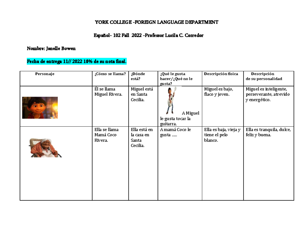 Coco Movie Spanish Worksheet - YORK COLLEGE - FOREIGN LANGUAGE ...