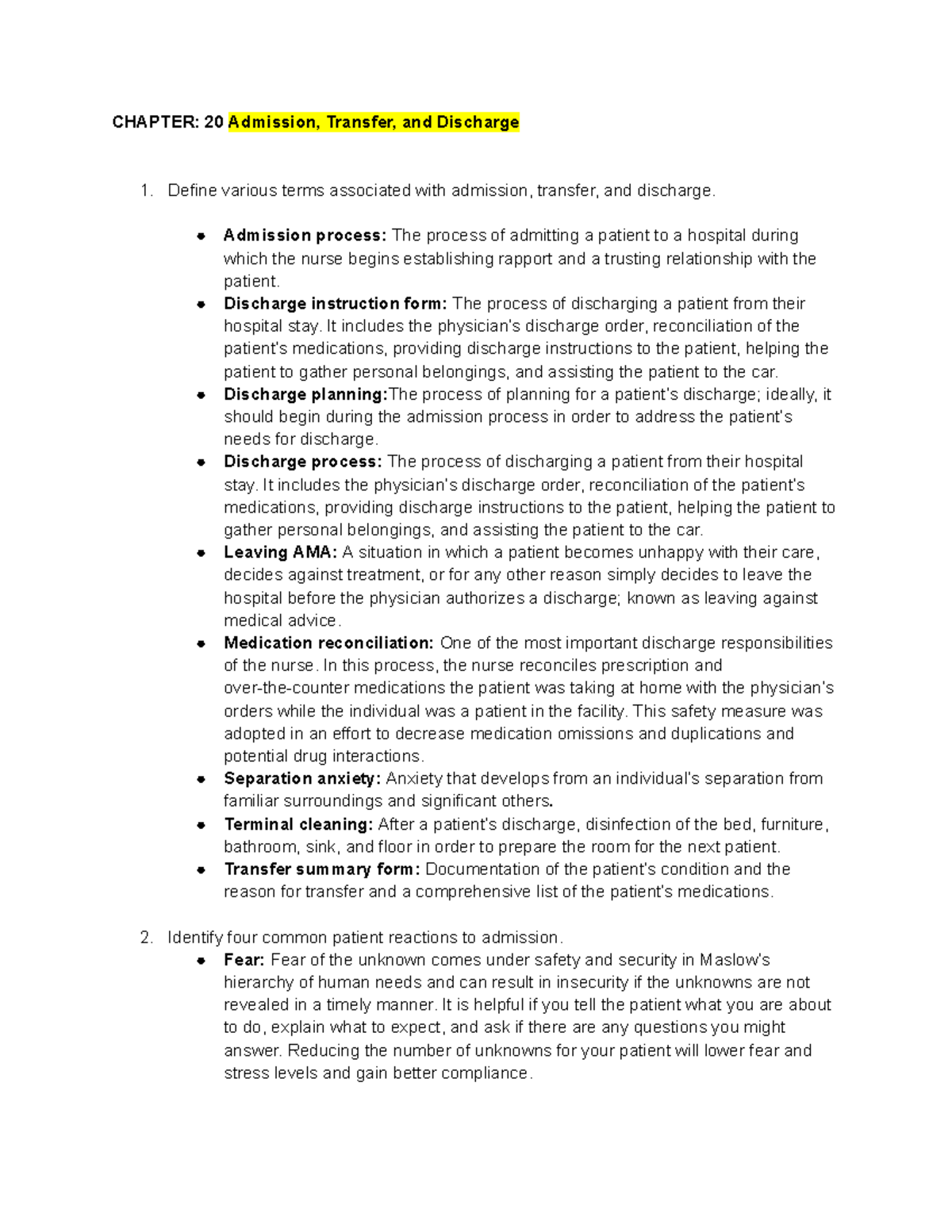 EXAM 5 Learning Outcome - CHAPTER: 20 Admission, Transfer, and ...