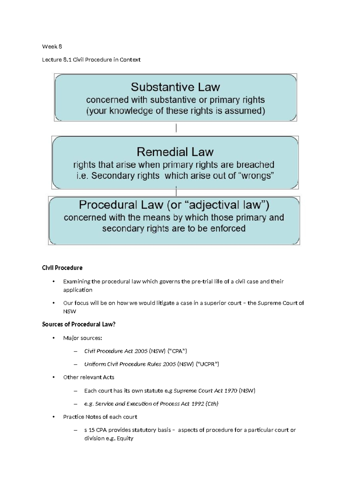 Civil Notes - Week 8 Lecture 8 Civil Procedure in Context Civil ...
